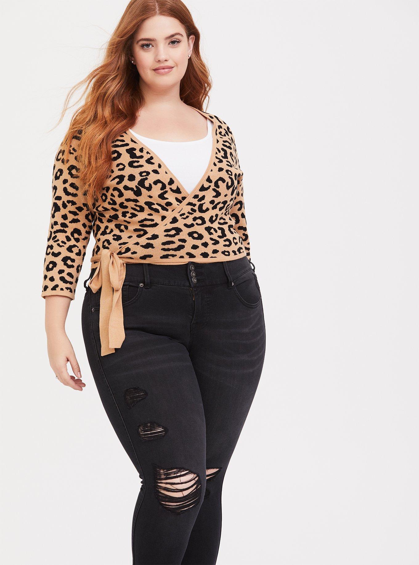 Plus Size - Caramel Leopard Crop Wrap Sweater - Torrid