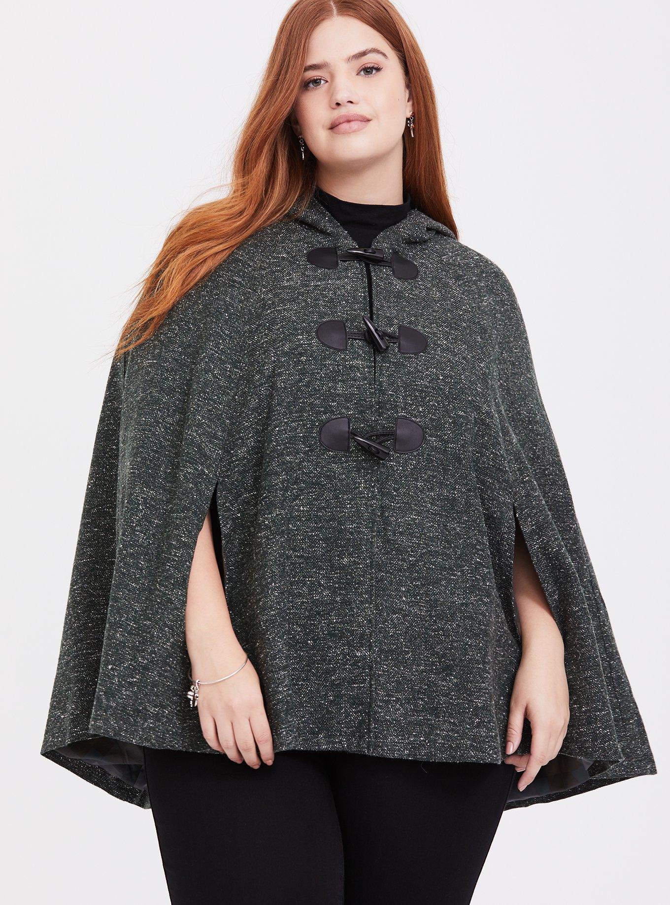 Plus Size - Outlander Green Marled Hooded Toggle Cape - Torrid