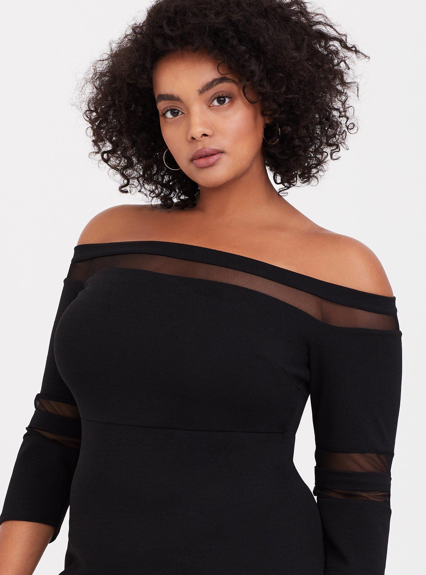 Plus Size - Black Crepe & Mesh Off Shoulder Bodycon Dress - Torrid