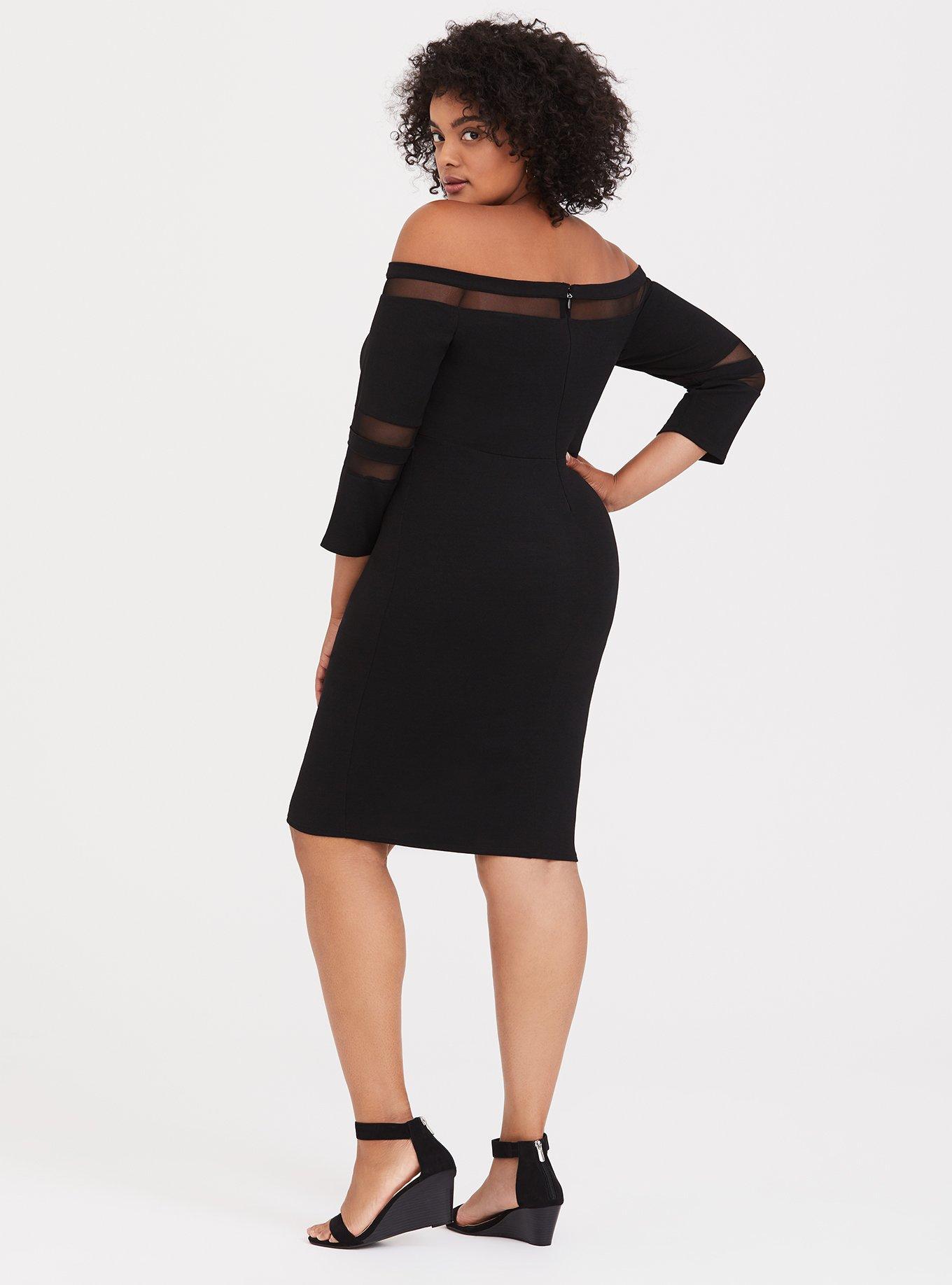 Plus Size - Black Crepe & Mesh Off Shoulder Bodycon Dress - Torrid