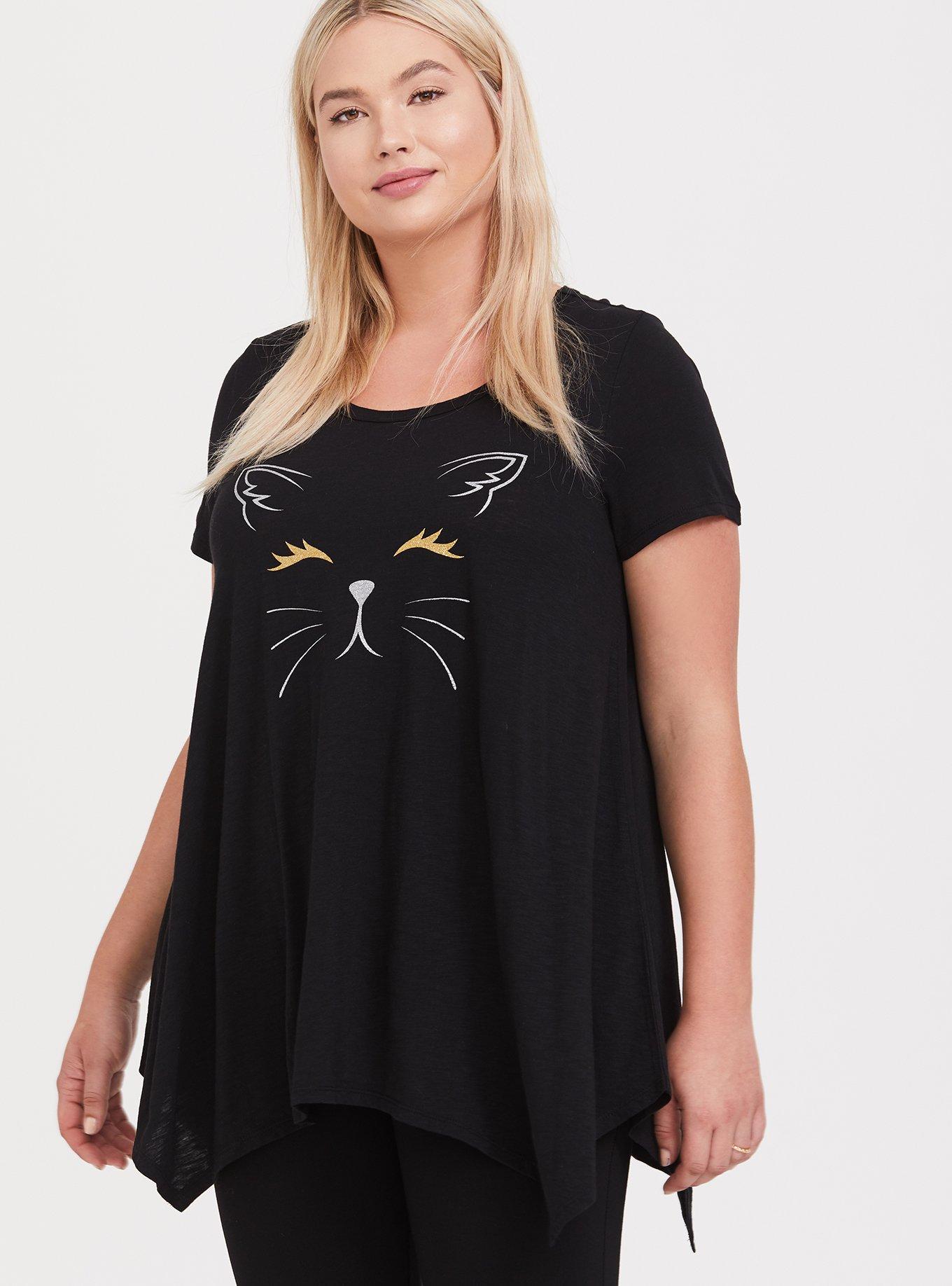 Plus Size - Black Glitter Cat Face Handkerchief Tunic Tee - Torrid