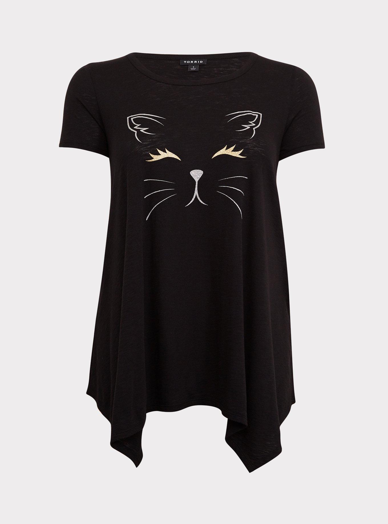 Plus Size - Black Glitter Cat Face Handkerchief Tunic Tee - Torrid