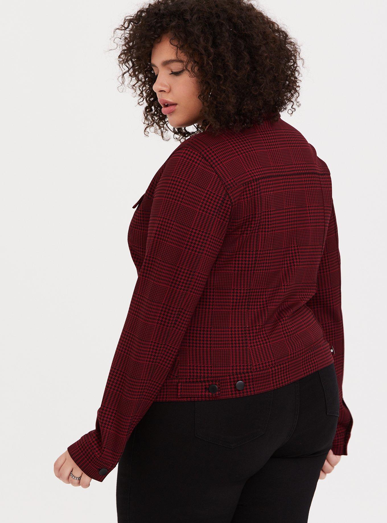 Plus Size - Red & Black Plaid Ponte Crop Trucker Jacket - Torrid
