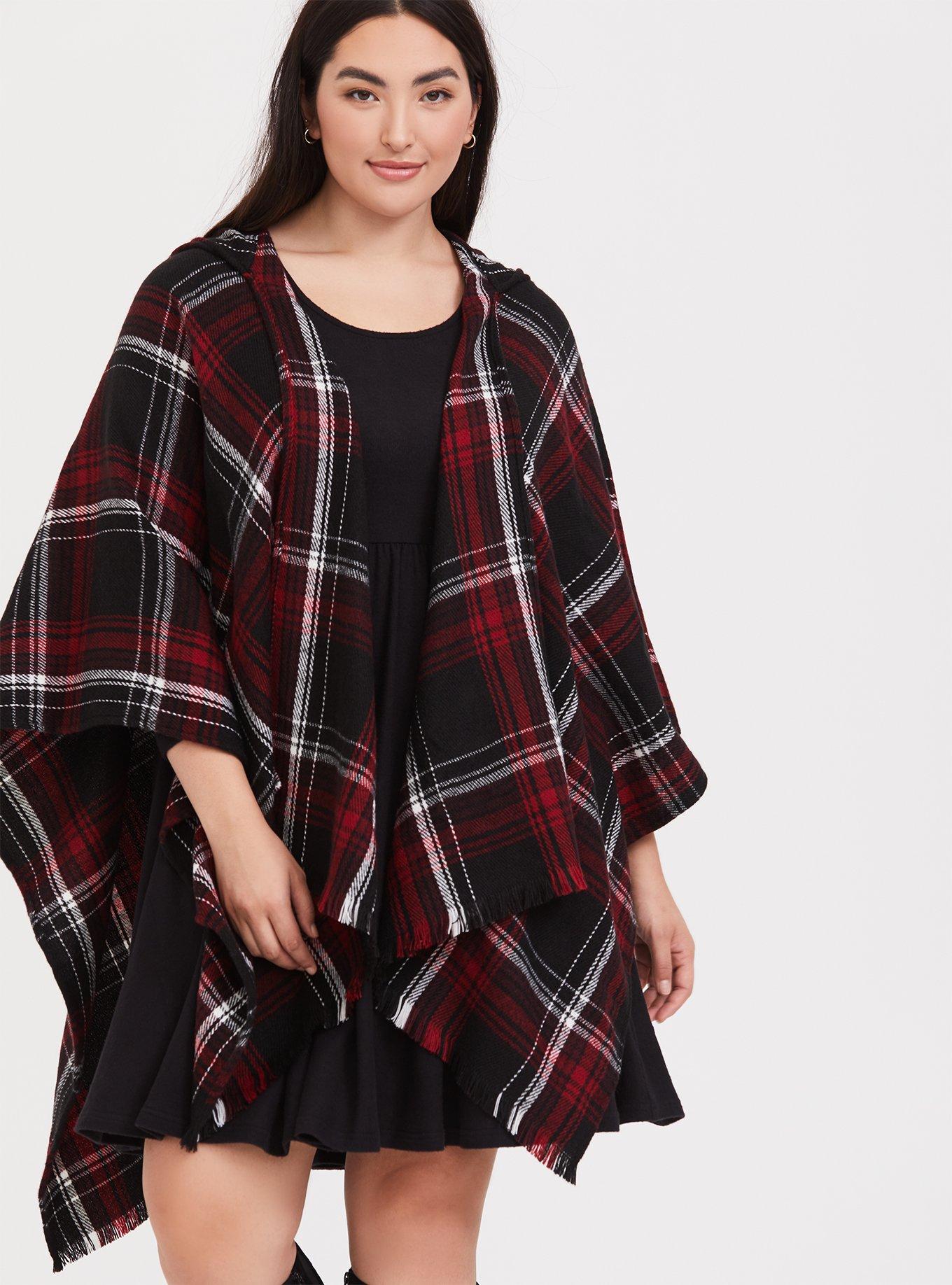 Plus Size - Red Plaid Fringe Hooded Ruana - Torrid