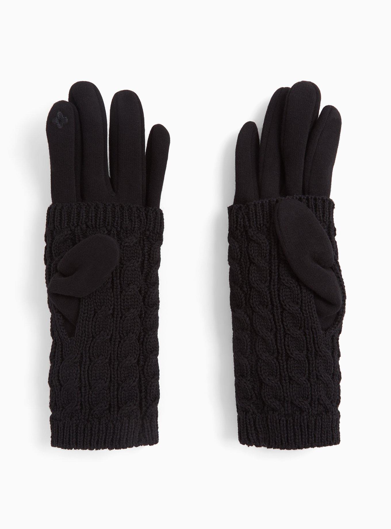 Plus Size - Black Cable Knit Rhinestone Double Layer Gloves - Torrid