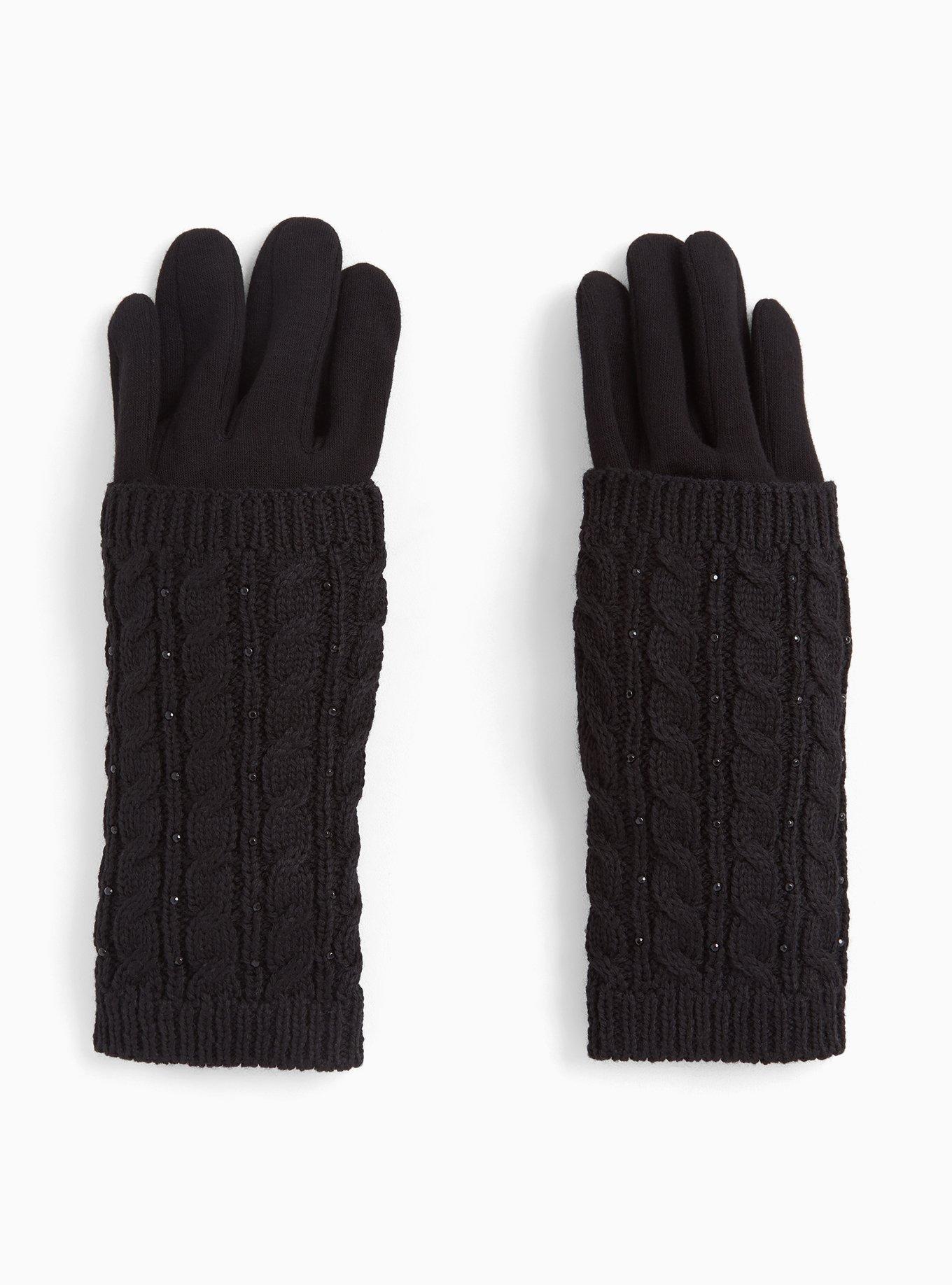 Plus Size - Black Cable Knit Rhinestone Double Layer Gloves - Torrid