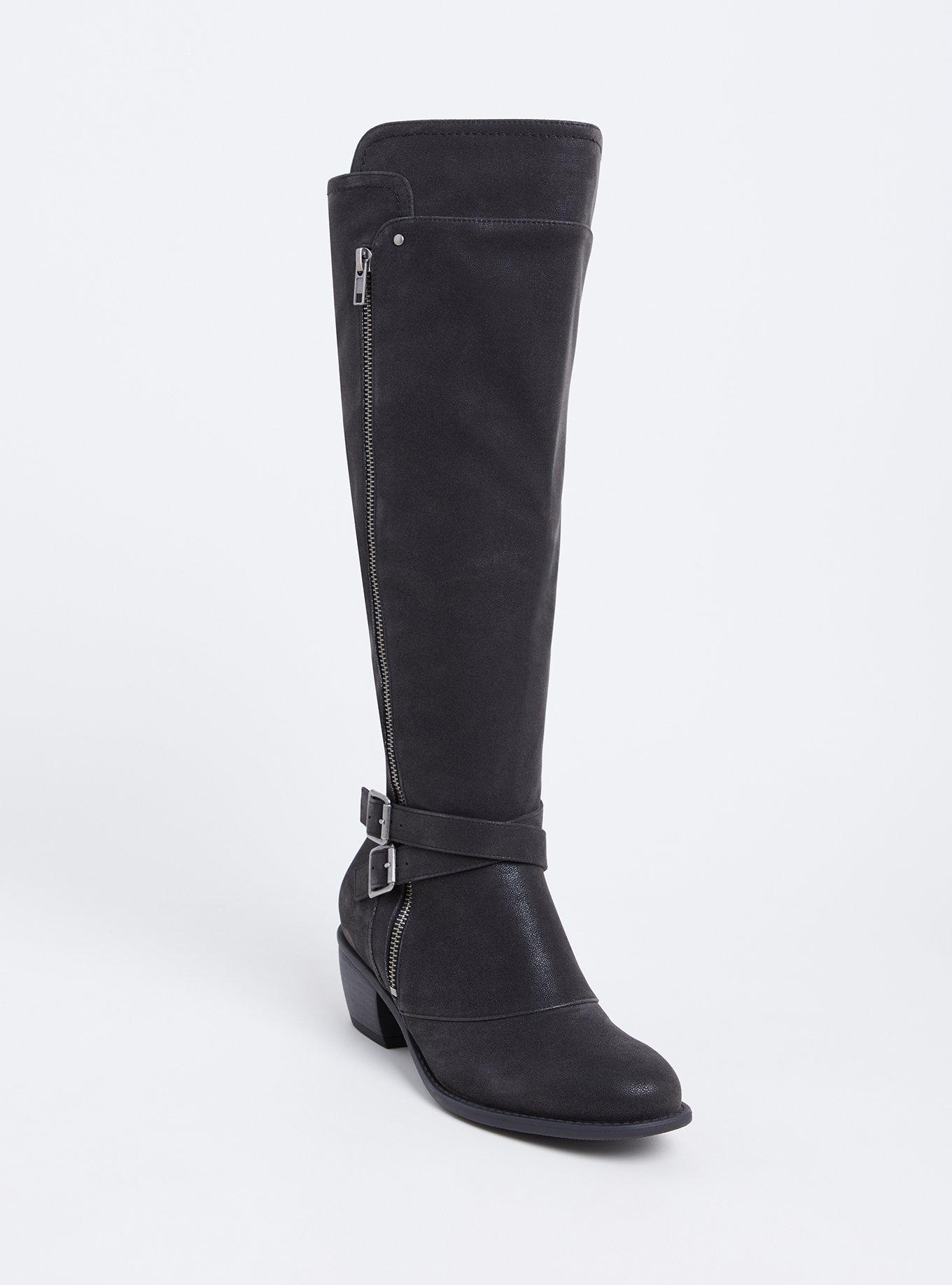 Plus Size - Black Faux Suede Buckle Knee-High Boot (WW & Wide To Extra ...