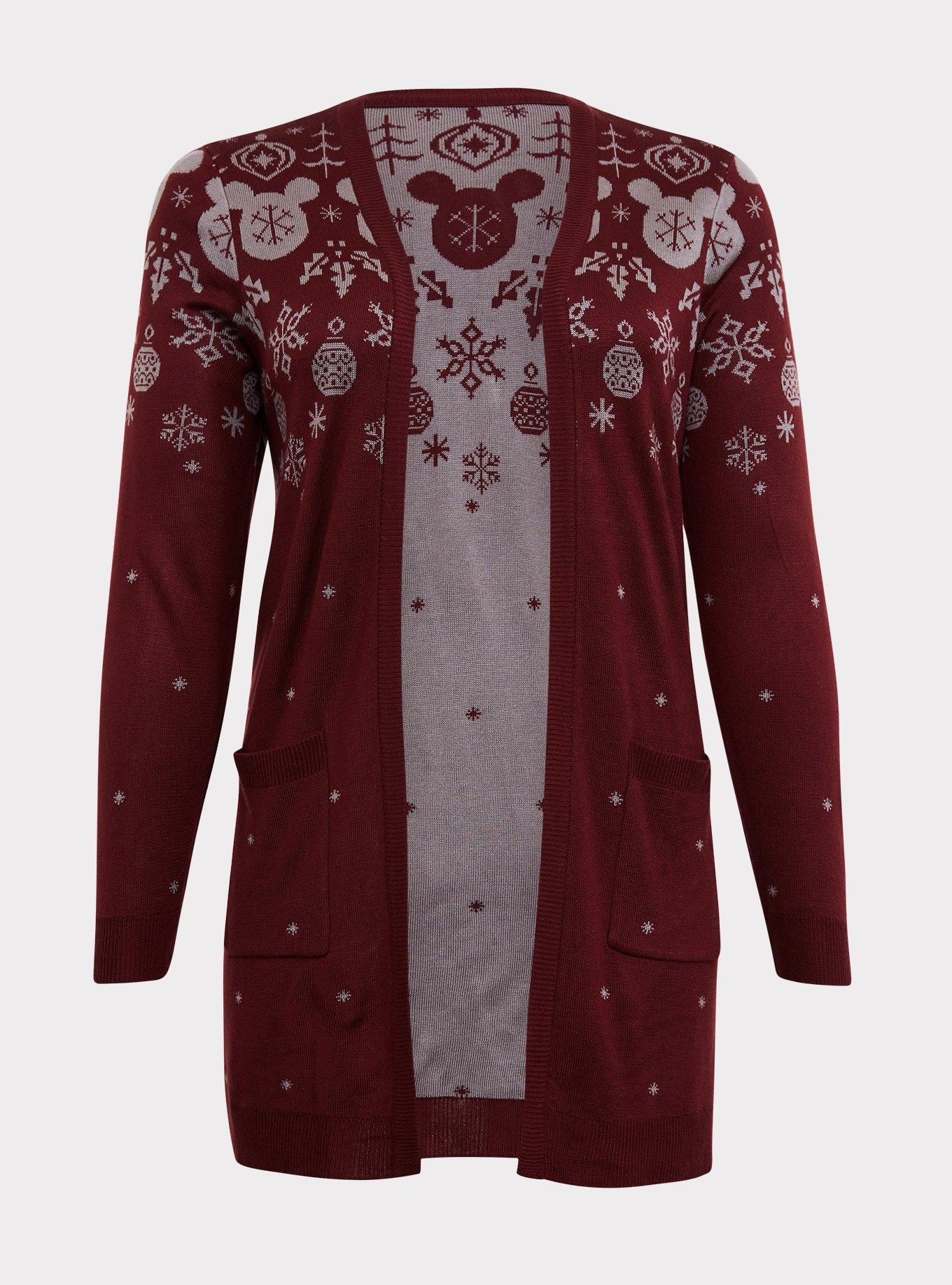 Plus Size - Disney Holiday Mickey Mouse Fair Isle Burgundy Red Cardigan ...
