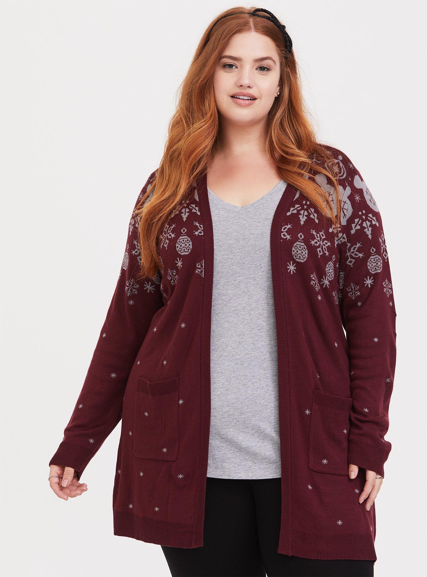 Plus Size - Disney Holiday Mickey Mouse Fair Isle Burgundy Red Cardigan ...