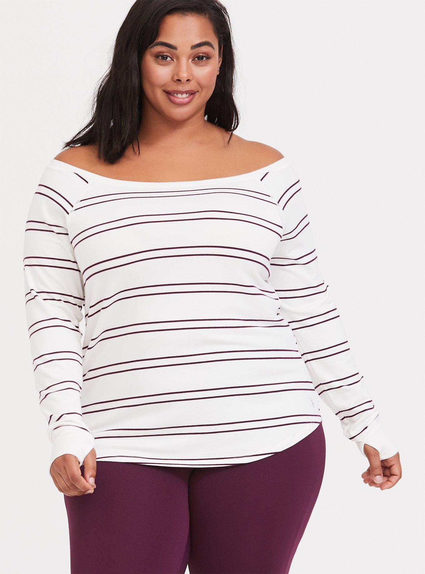 Plus Size - White & Purple Stripe Off Shoulder Active Top - Torrid
