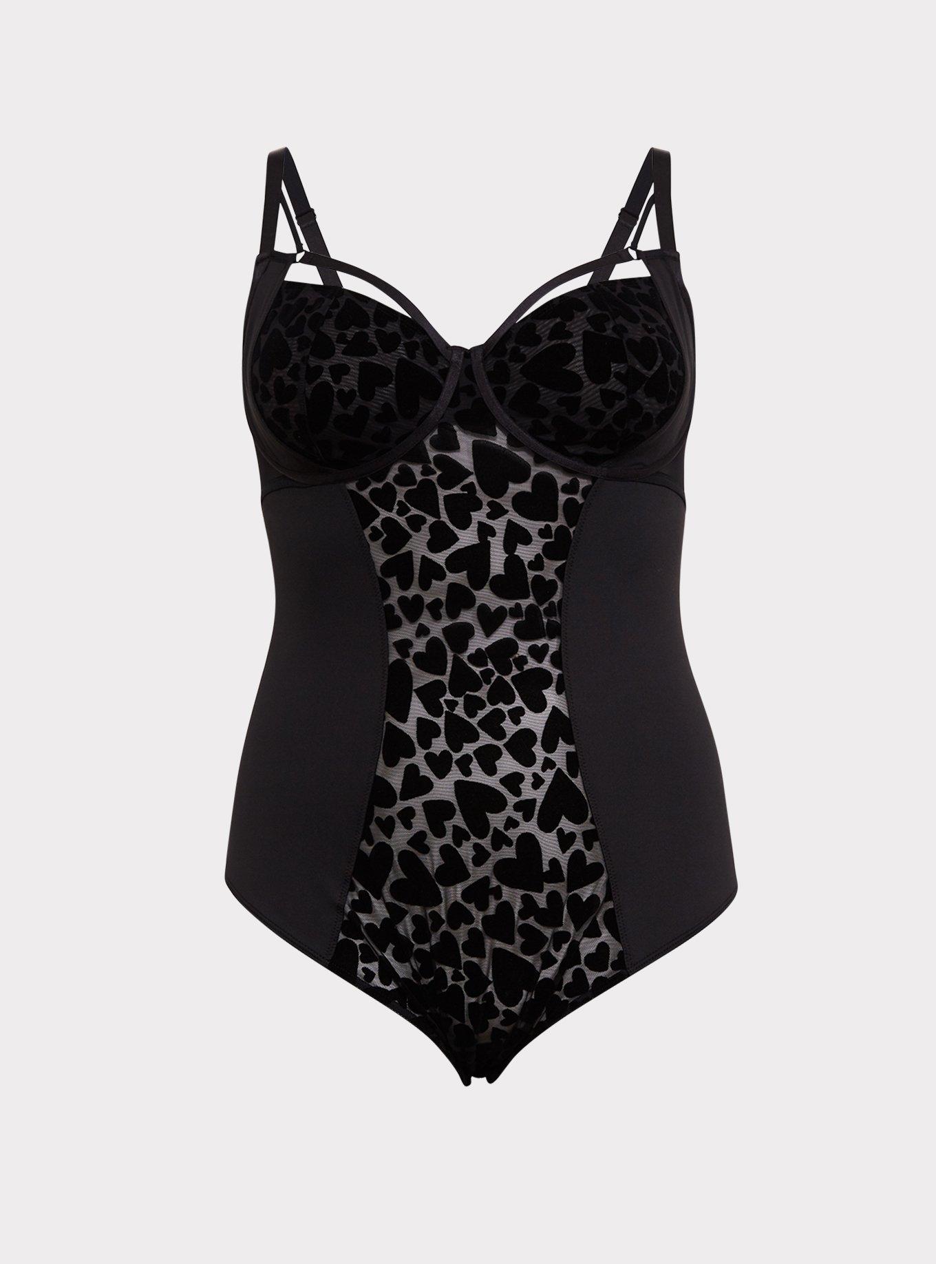 Plus Size - Black Mesh Flocked Heart Strappy Underwire Bodysuit - Torrid