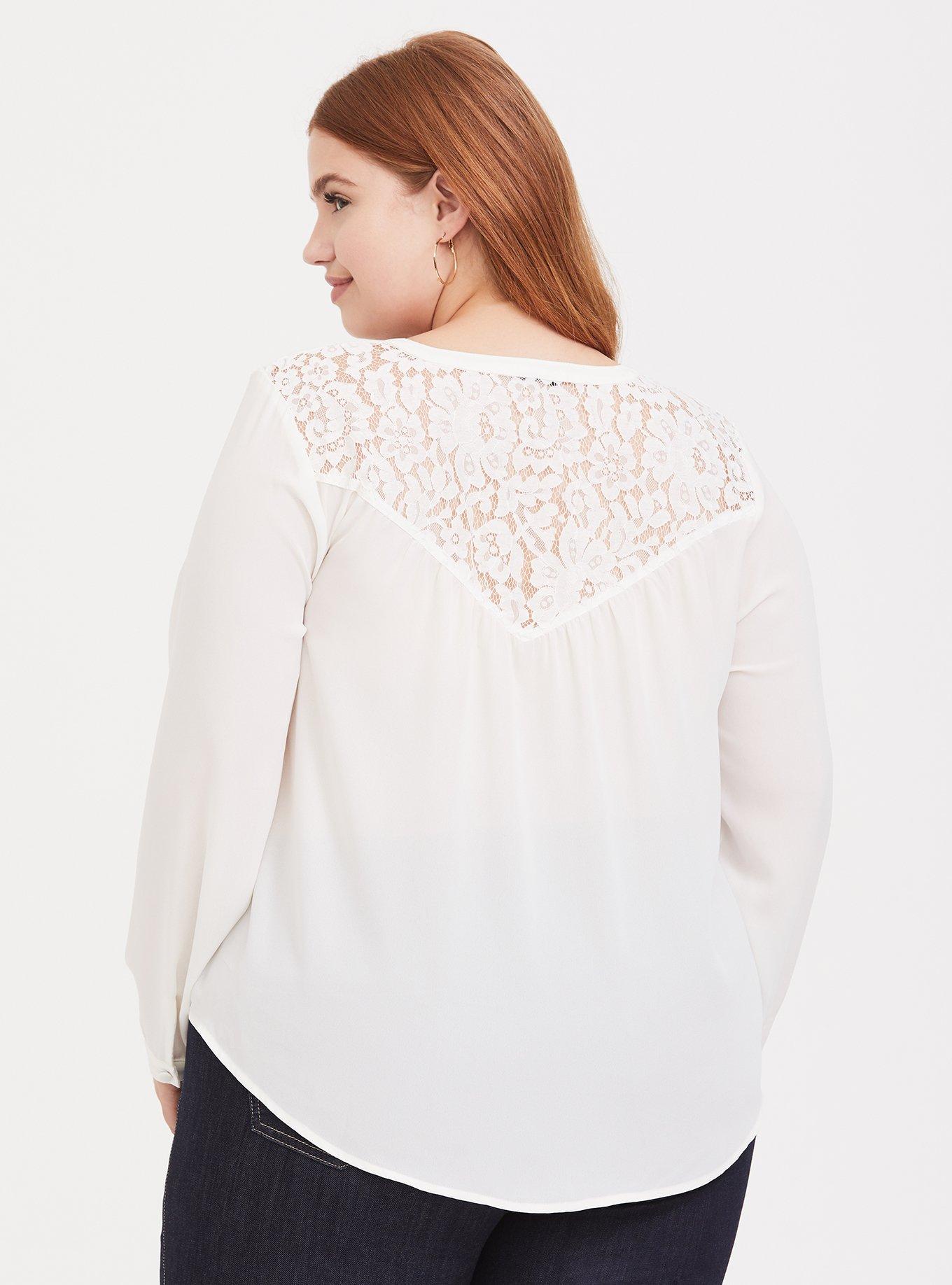Plus Size - Harper - White Georgette & Lace Button-Loop Blouse - Torrid