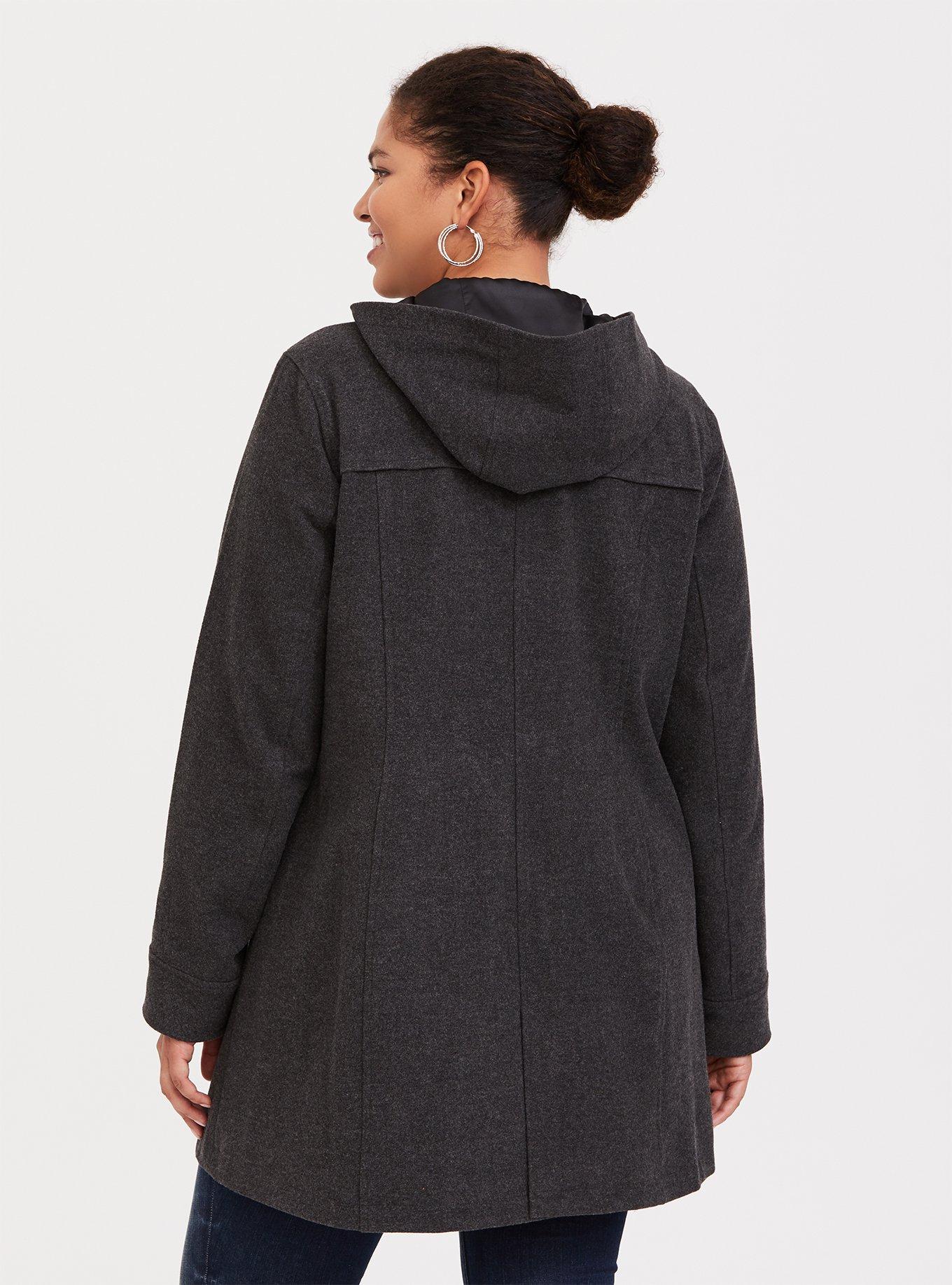 Plus Size - Dark Grey Brushed Hooded Toggle Coat - Torrid