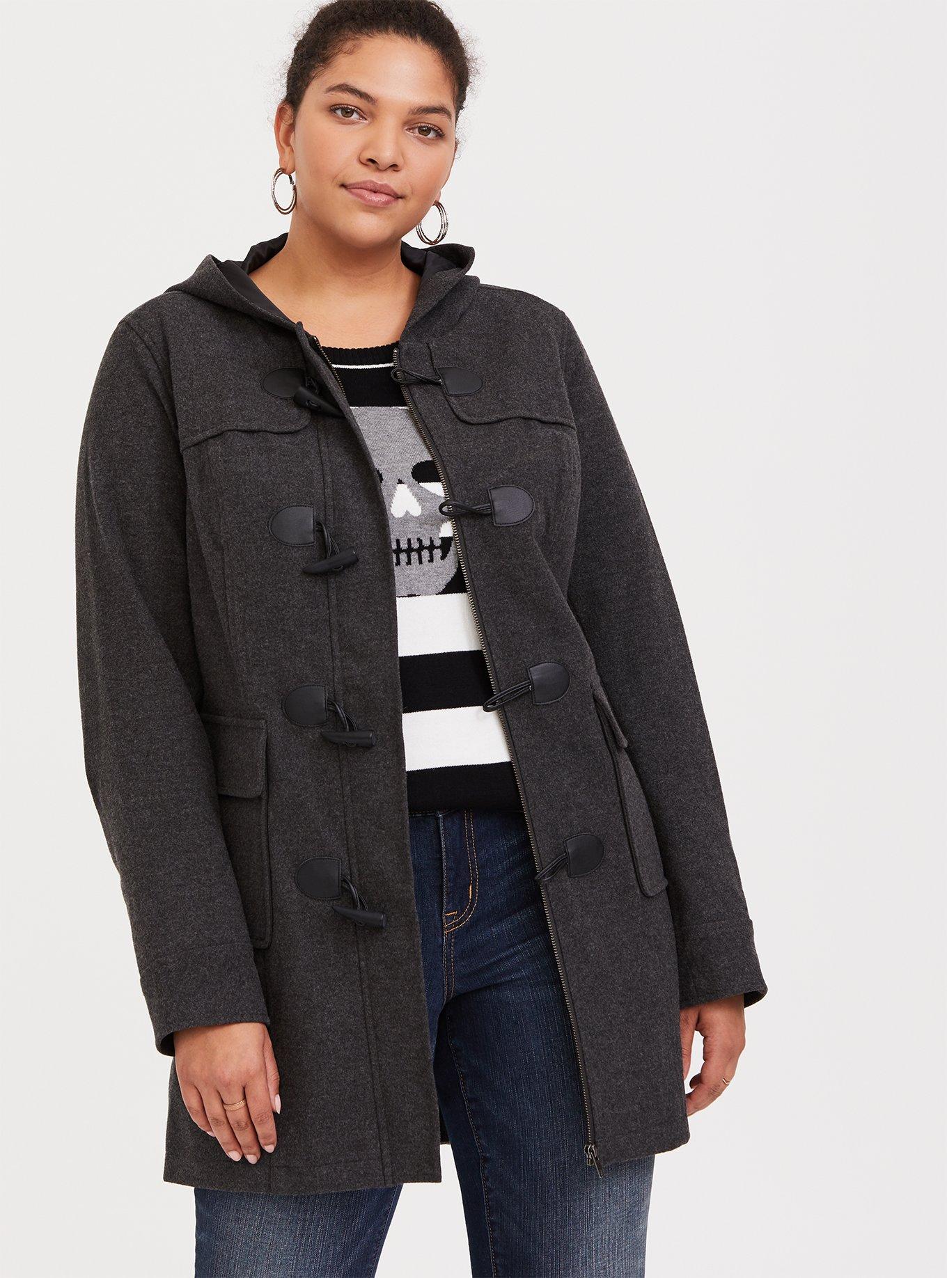 Plus Size - Dark Grey Brushed Hooded Toggle Coat - Torrid