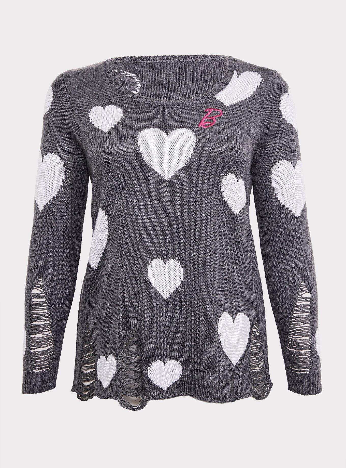 Plus Size - Barbie Grey Heart Distressed Pullover Sweater - Torrid