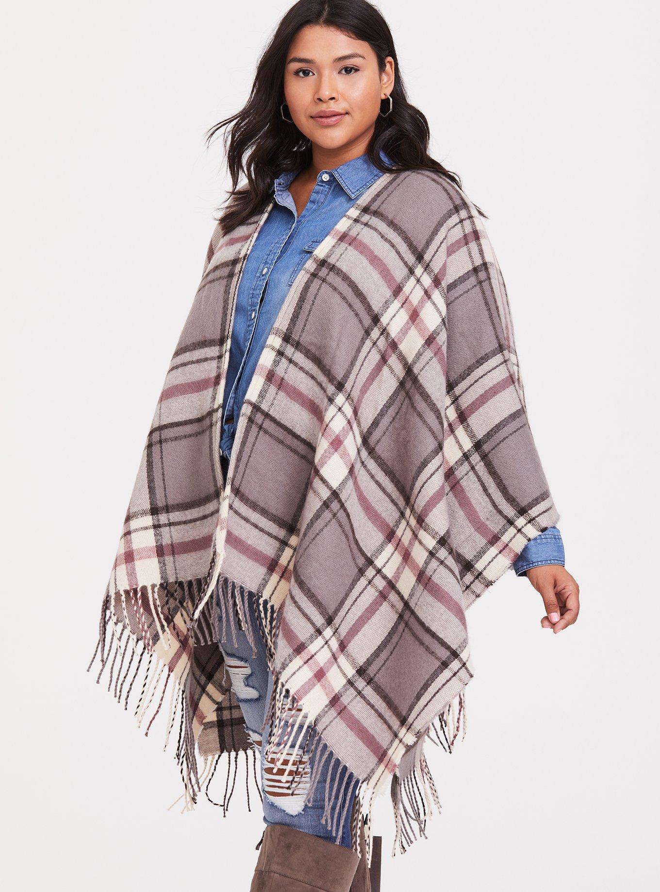 Plus Size - Mauve & Grey Plaid Ruana - Torrid