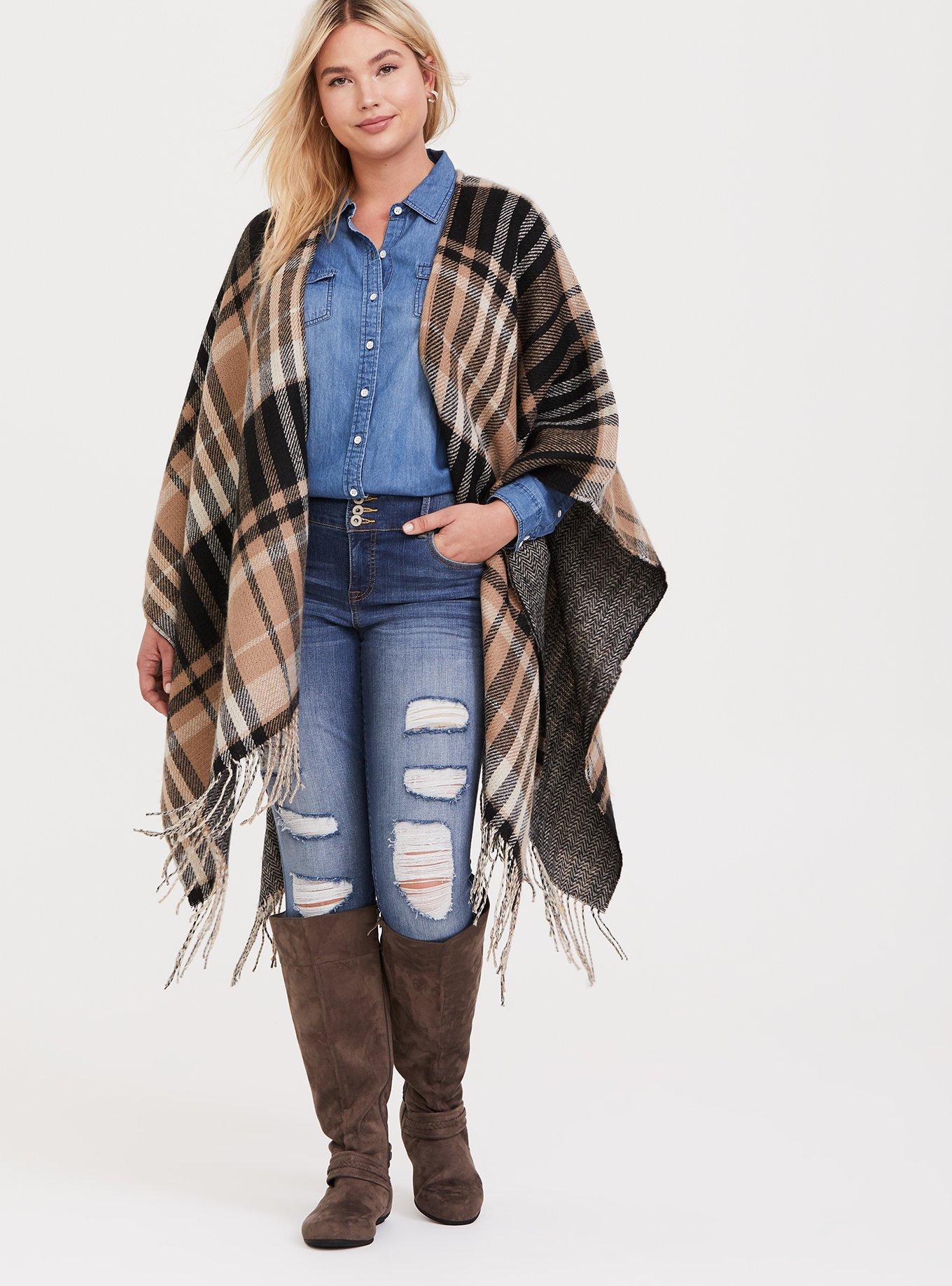 Plus Size - Caramel Plaid Fringe Ruana - Torrid