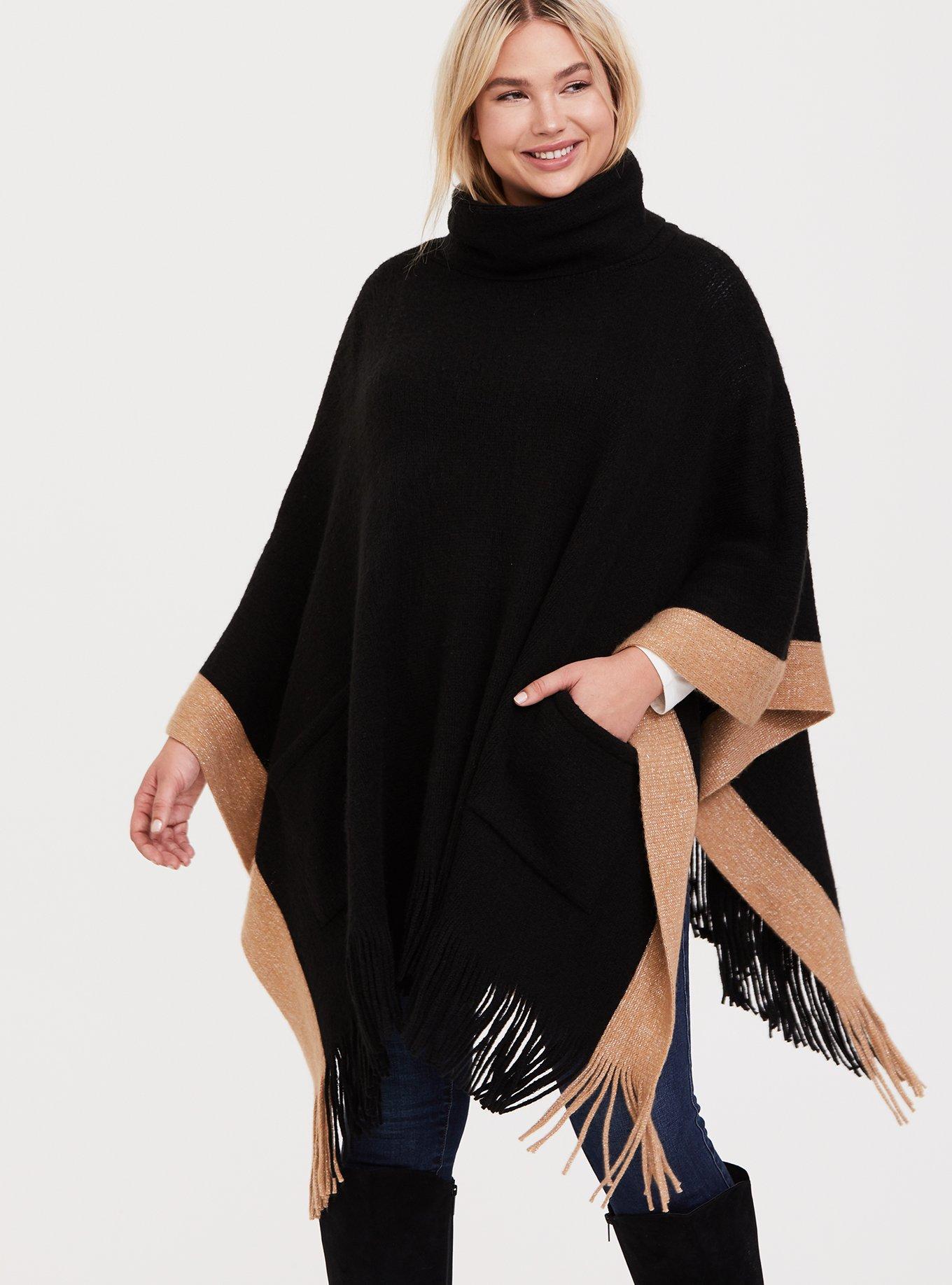 Plus Size - Black & Tan Lurex Trim Turtleneck Poncho - Torrid