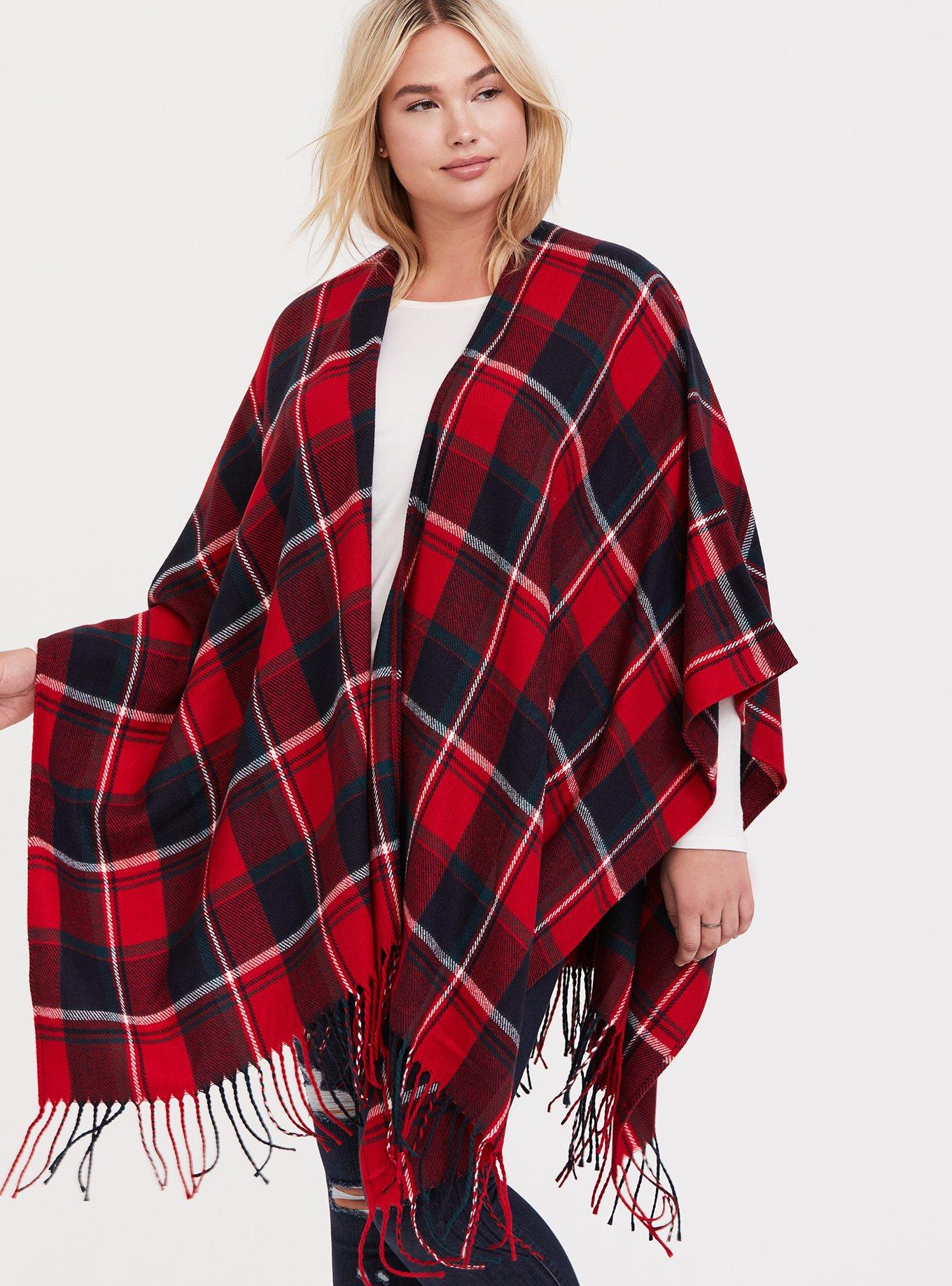 Plus Size - Red Plaid Fringe Ruana - Torrid