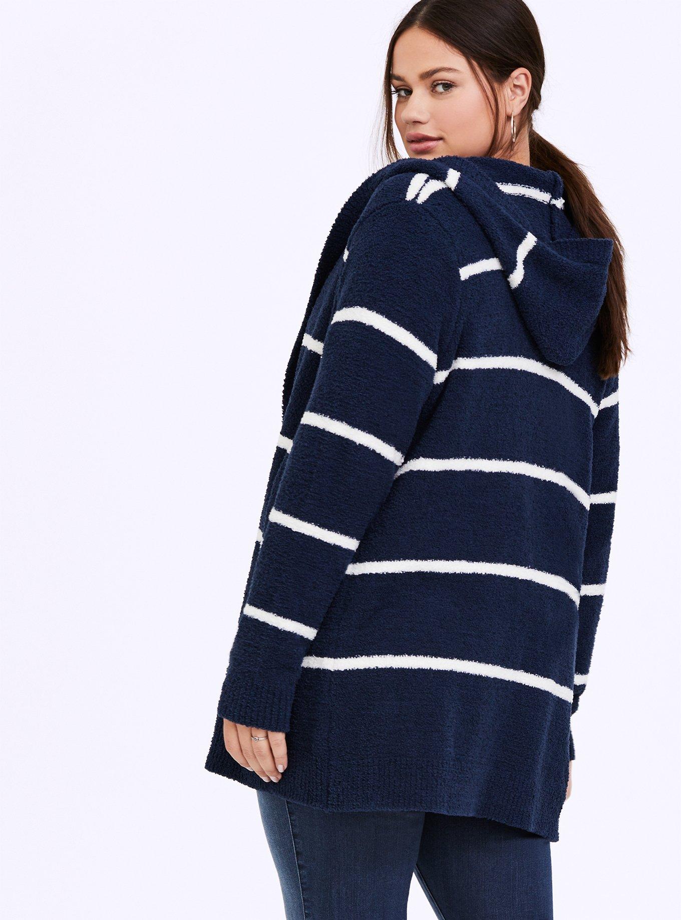 Plus Size - Blue Stripe Fuzzy Open Front Hooded Cardigan - Torrid