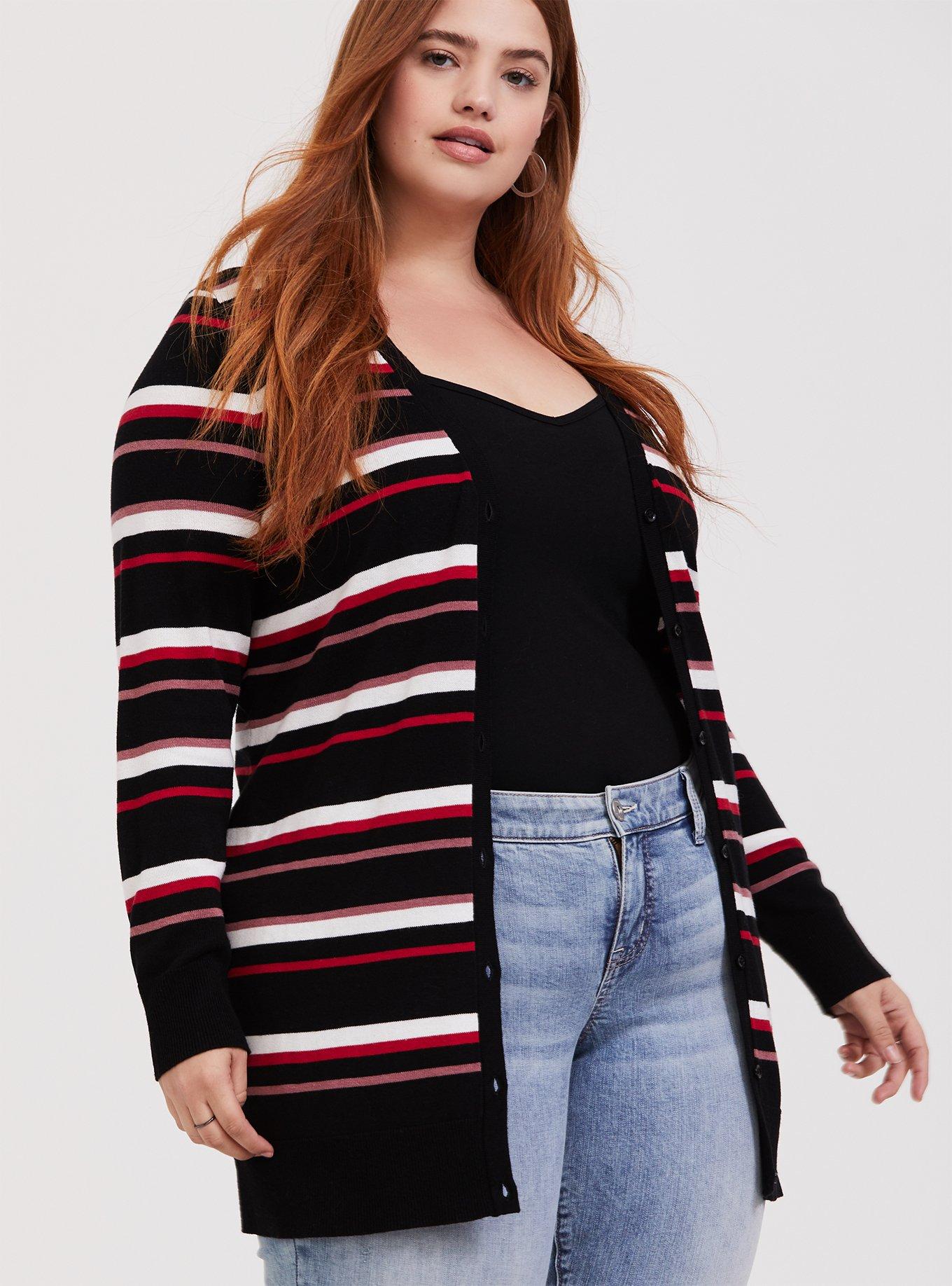 Plus Size - Red Multi Stripe Jacquard Boyfriend Cardigan - Torrid