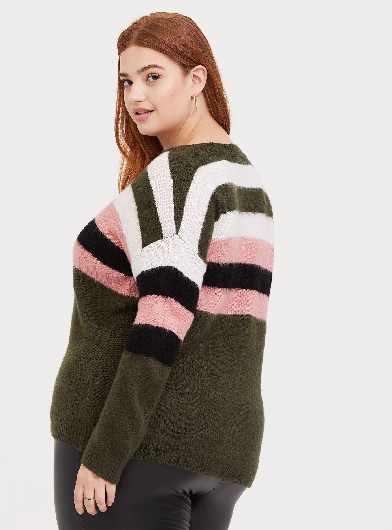 Plus Size - Olive Green Multi-Color Striped Knit Sweater - Torrid