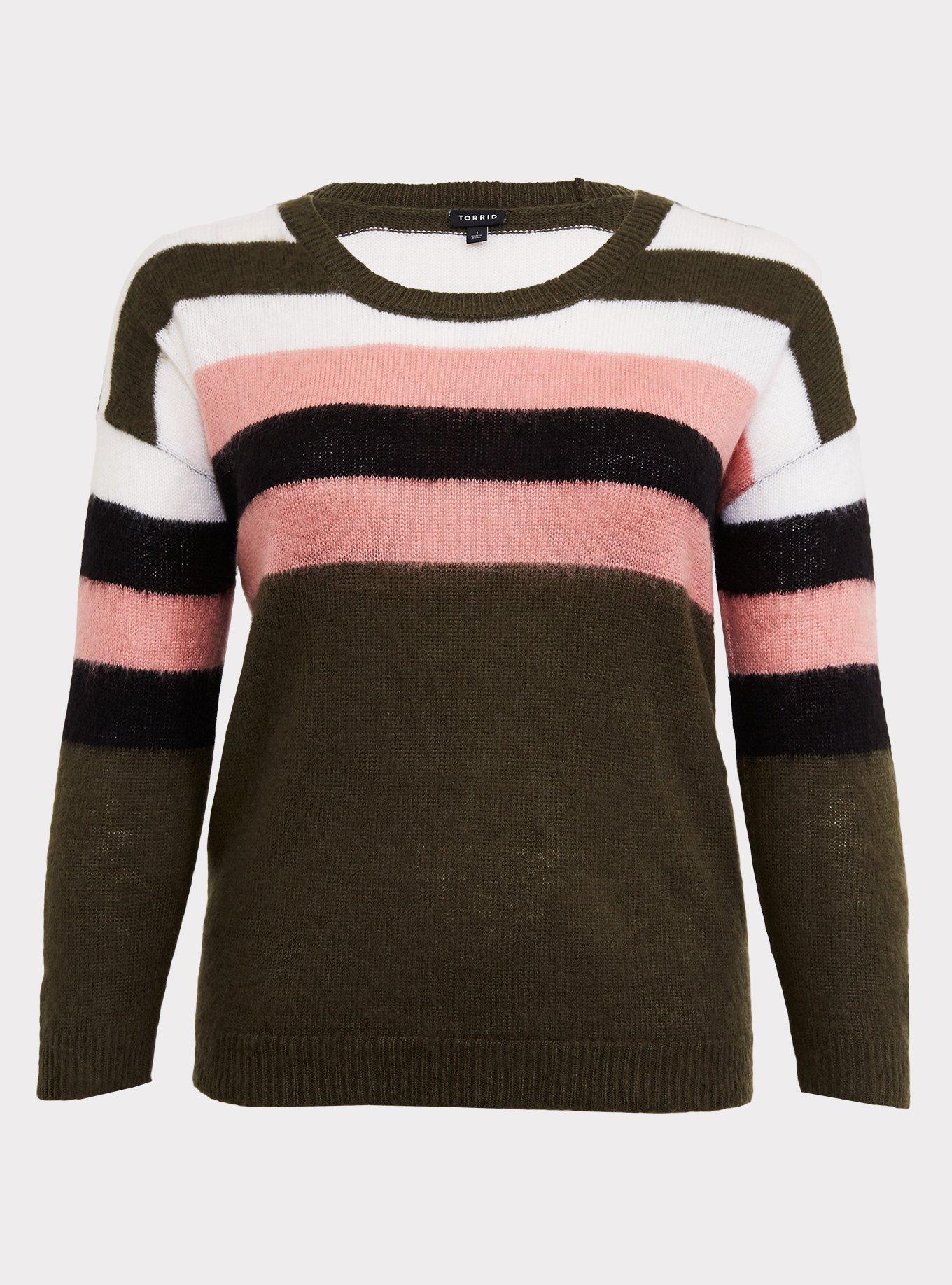 Plus Size - Olive Green Multi-Color Striped Knit Sweater - Torrid