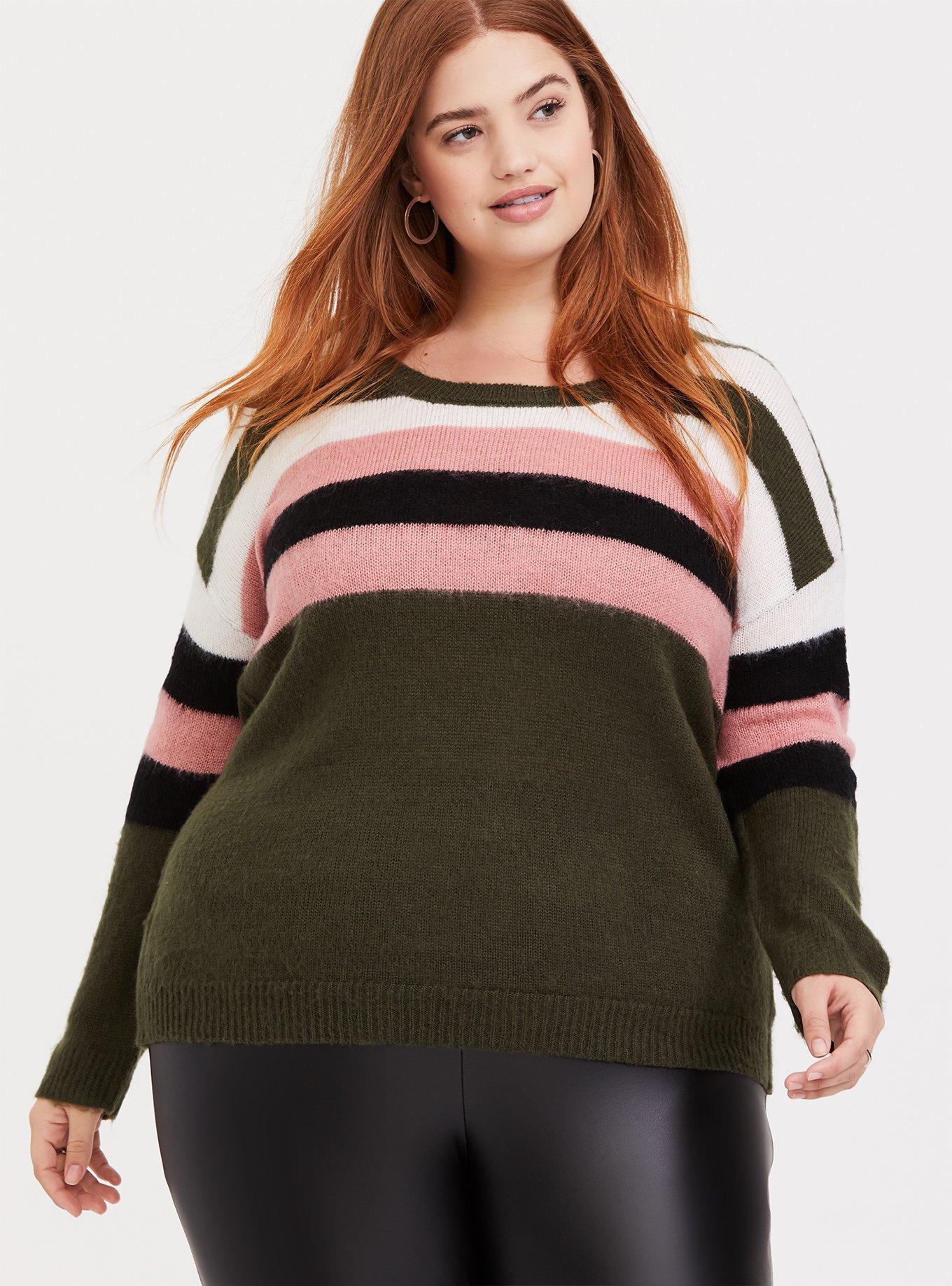 Plus Size - Olive Green Multi-Color Striped Knit Sweater - Torrid