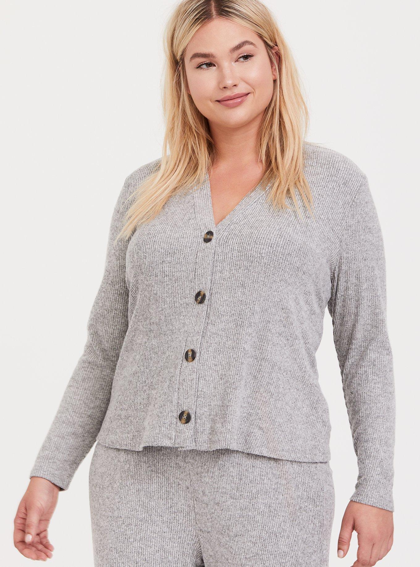 Plus Size - Grey Hacci Button Front Sleep Cardigan - Torrid
