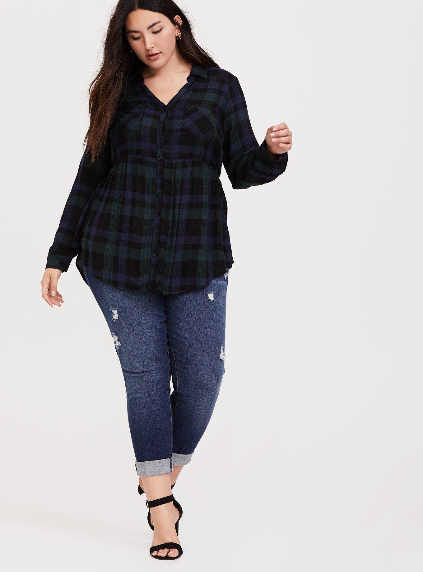 Plus Size - Emma - Dark Green & Navy Plaid Twill Babydoll Tunic - Torrid