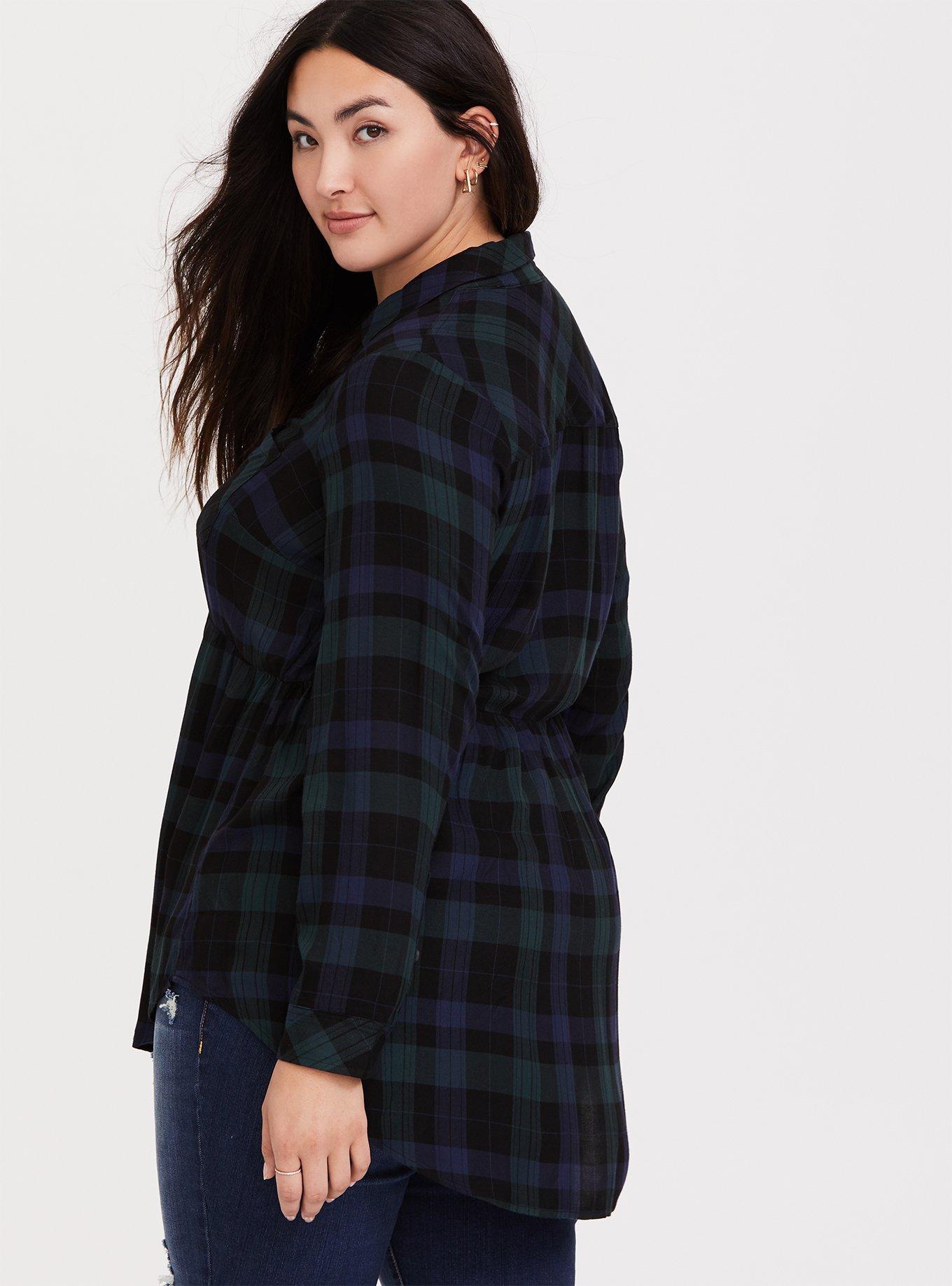 Plus Size - Emma - Dark Green & Navy Plaid Twill Babydoll Tunic - Torrid