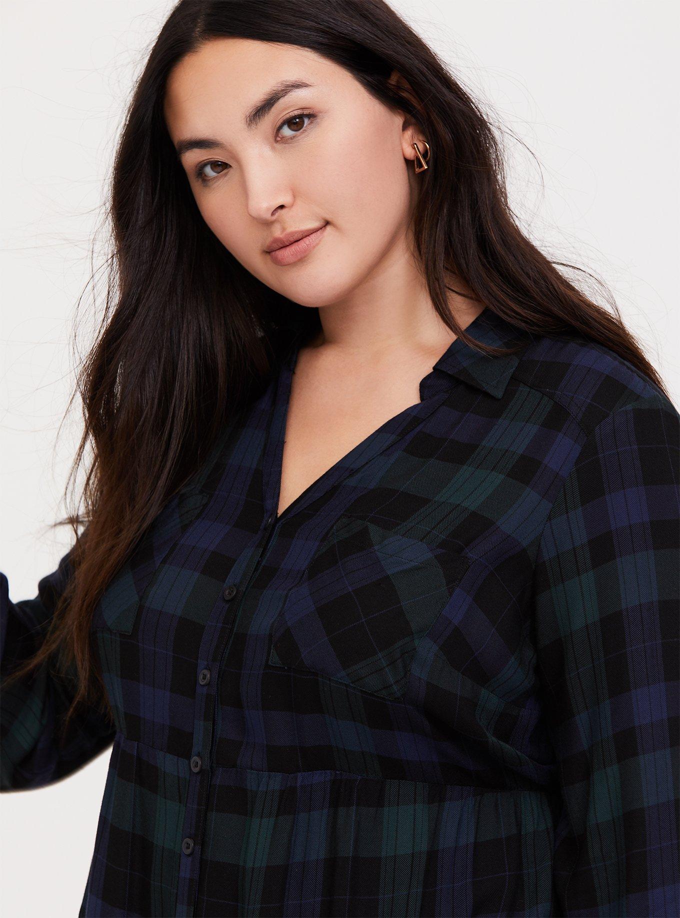 Plus Size - Emma - Dark Green & Navy Plaid Twill Babydoll Tunic - Torrid
