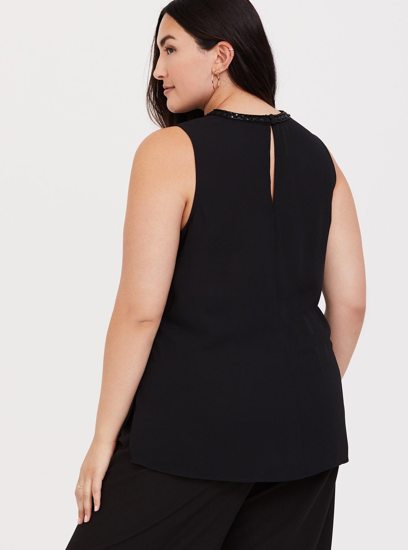 Plus Size - Black Georgette Embellished Mock Neck Tunic Tank - Torrid