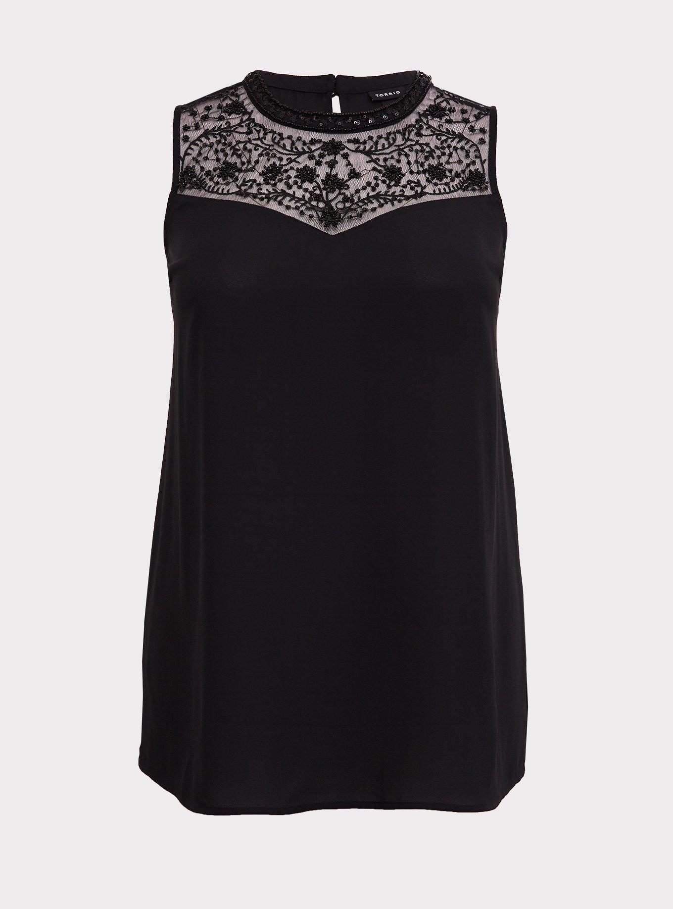 Plus Size - Black Georgette Embellished Mock Neck Tunic Tank - Torrid