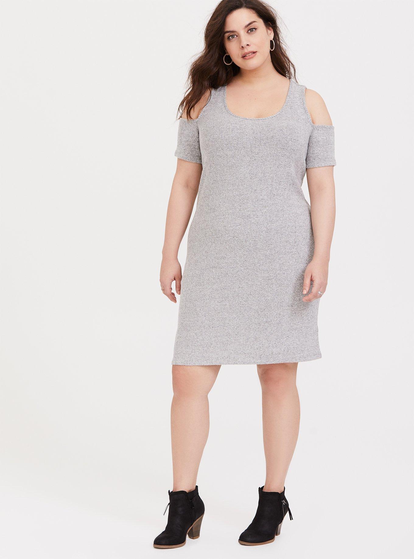 Plus Size - Heather Grey Rib Hacci Cold Shoulder Dress - Torrid