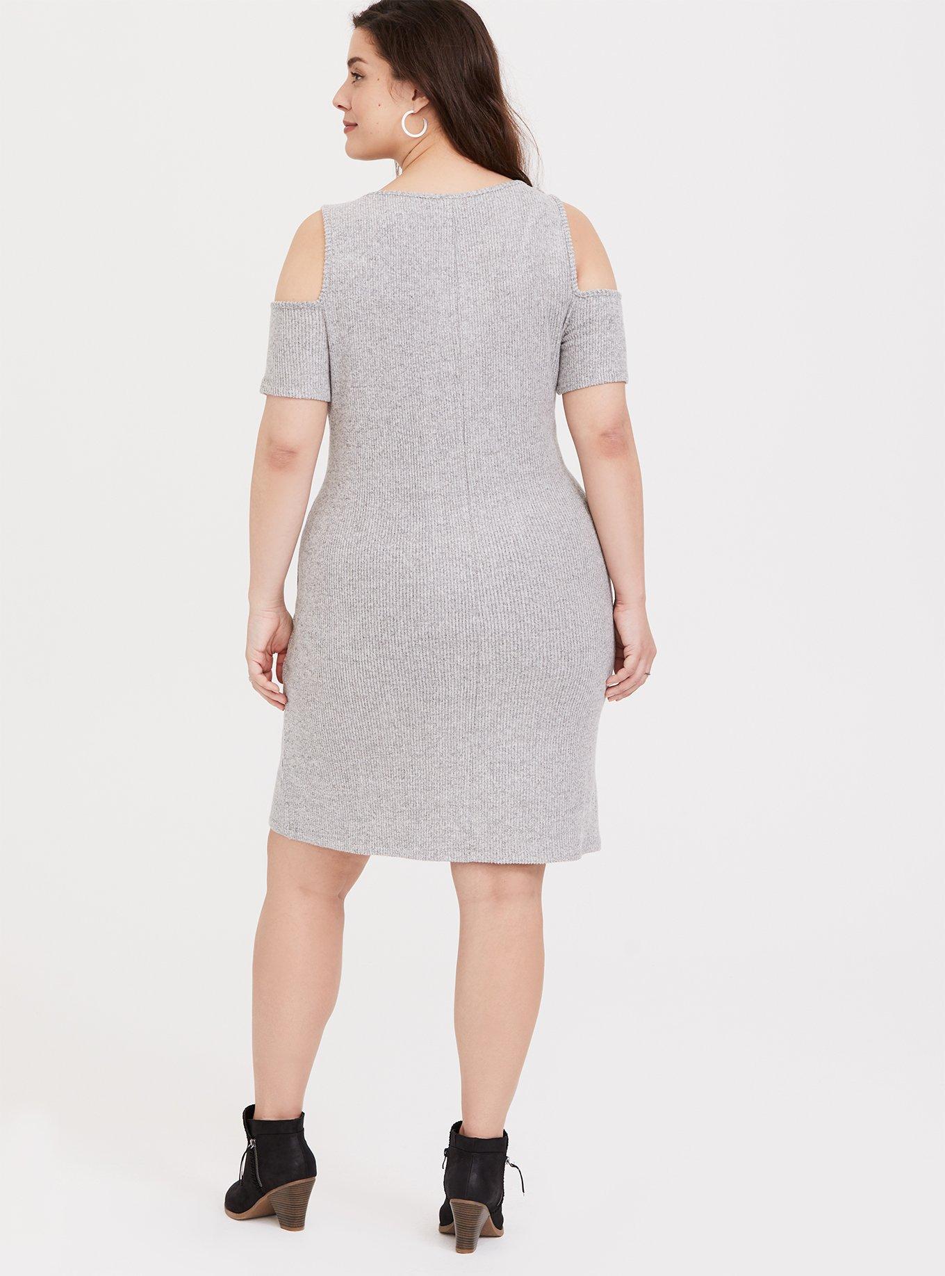 Plus Size - Heather Grey Rib Hacci Cold Shoulder Dress - Torrid