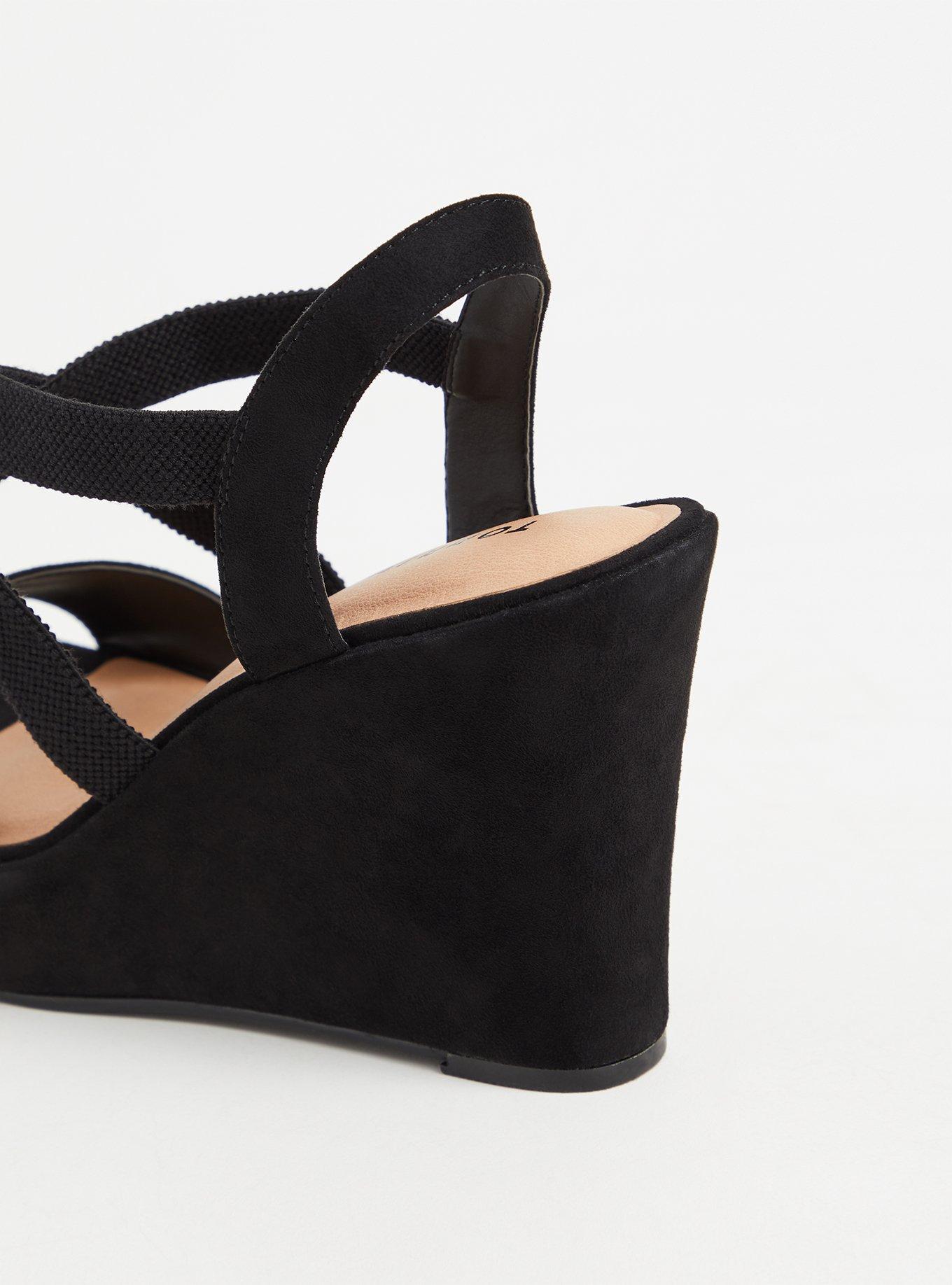 Plus Size - Black Faux Suede Strappy Stretch Platform Wedge (WW) - Torrid