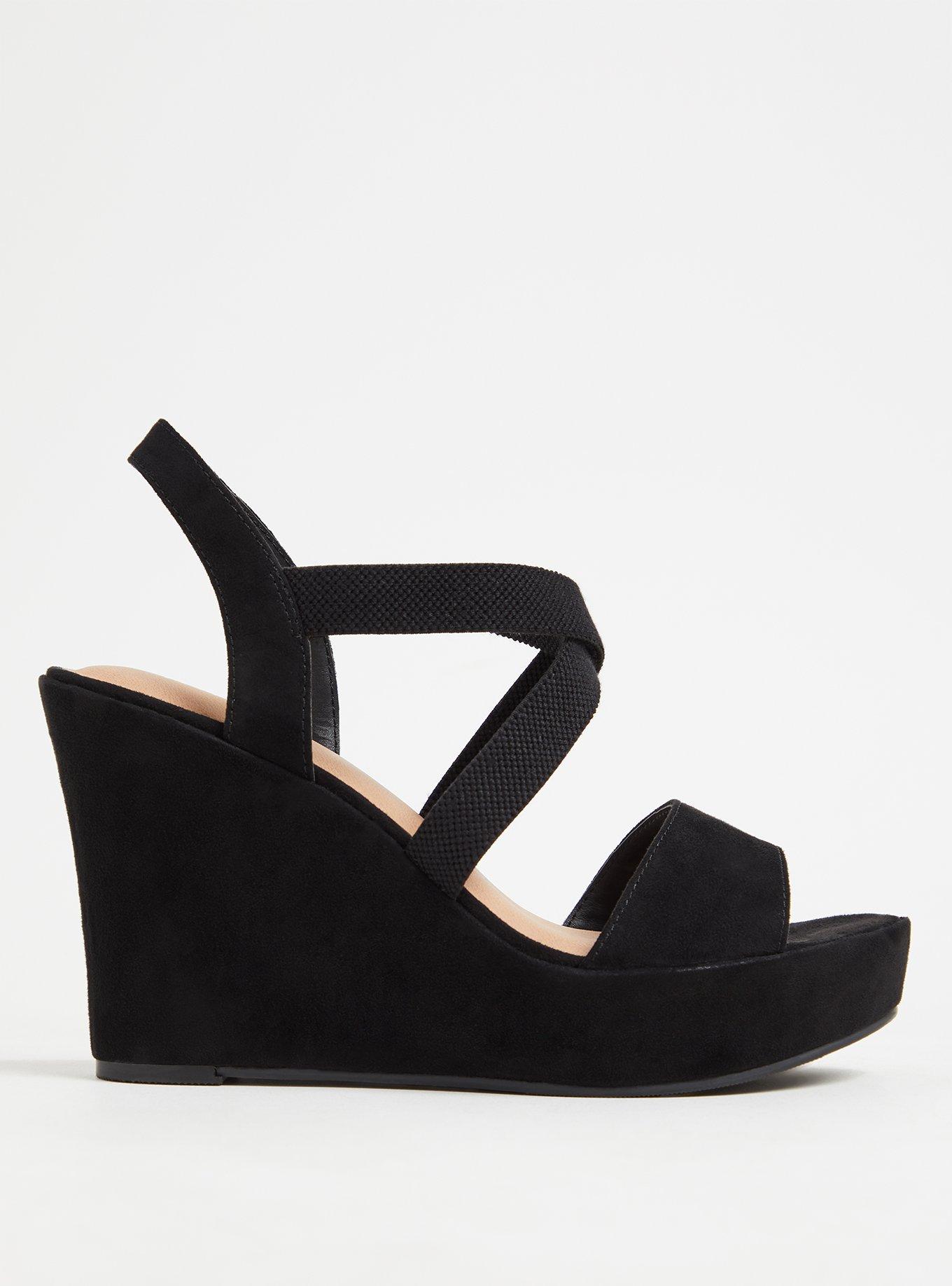 Plus Size - Black Faux Suede Strappy Stretch Platform Wedge (WW) - Torrid