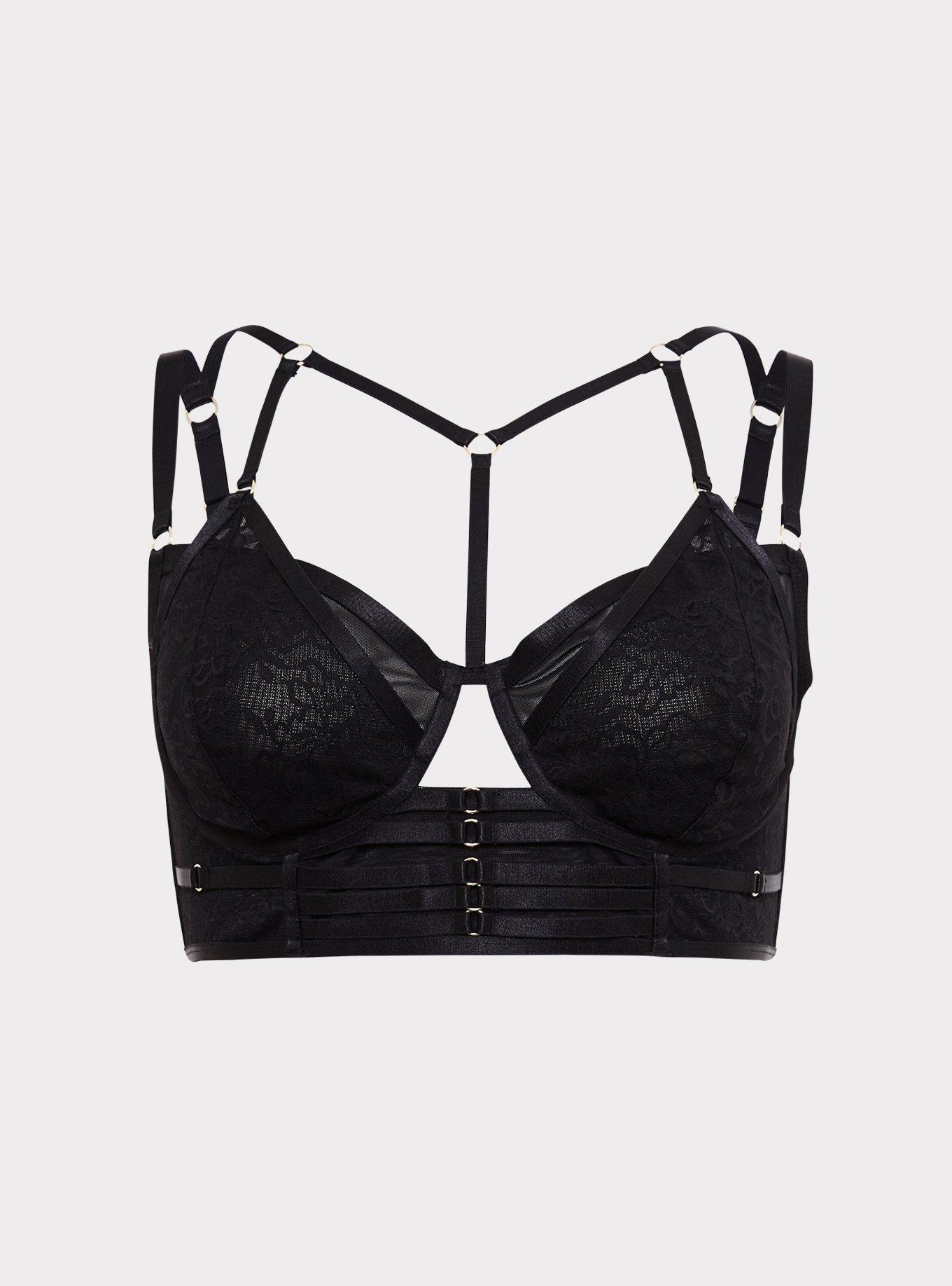 Plus Size - Black Lace & Mesh Layered Harness Lightly Lined Longline ...