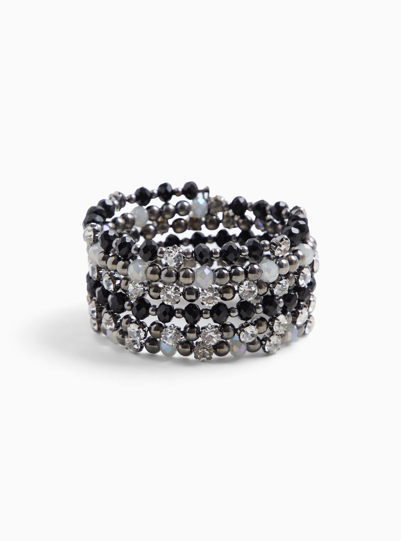 Plus Size - Black & Silver Beaded Coil Bracelet - Torrid
