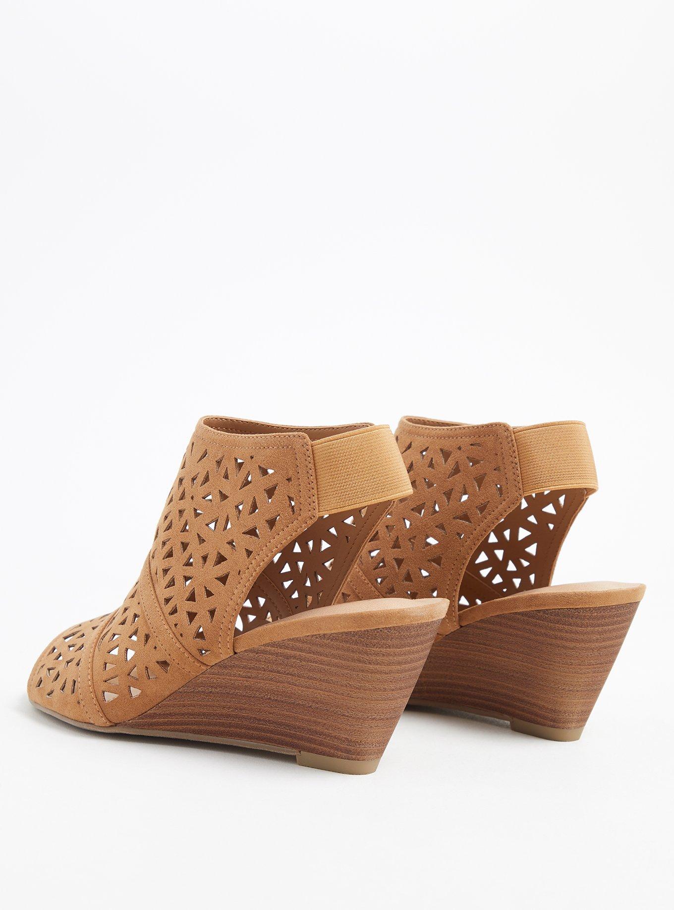 Plus Size - Tan Faux Suede Laser Cut Wedge Shootie (WW) - Torrid