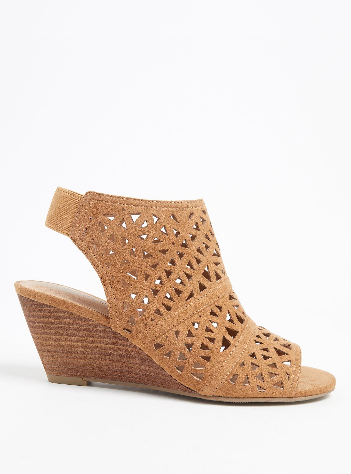 Plus Size - Tan Faux Suede Laser Cut Wedge Shootie (WW) - Torrid