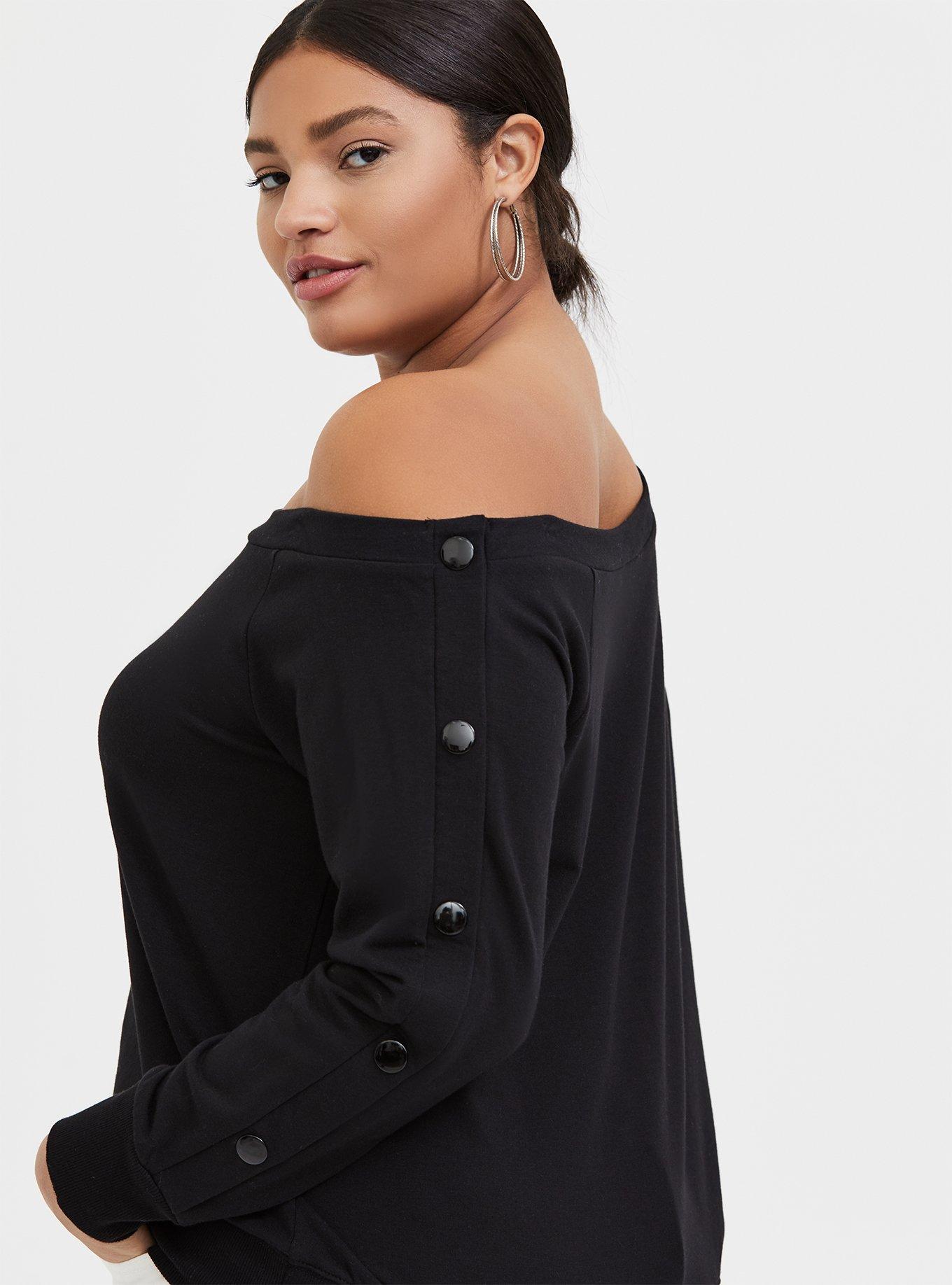 Plus Size - Black Terry Snap-Button Sleeve Off Shoulder Sweatshirt - Torrid