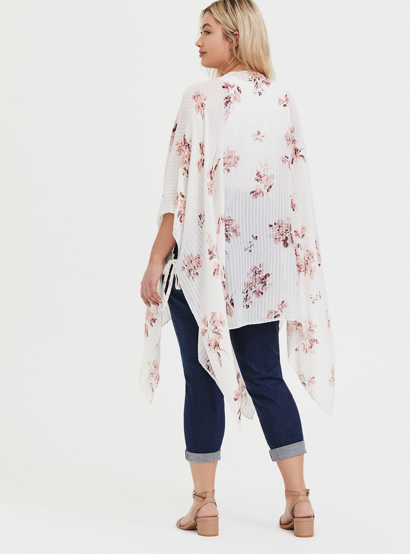 Plus Size - Ivory Stitched Stripe Floral Ruana - Torrid