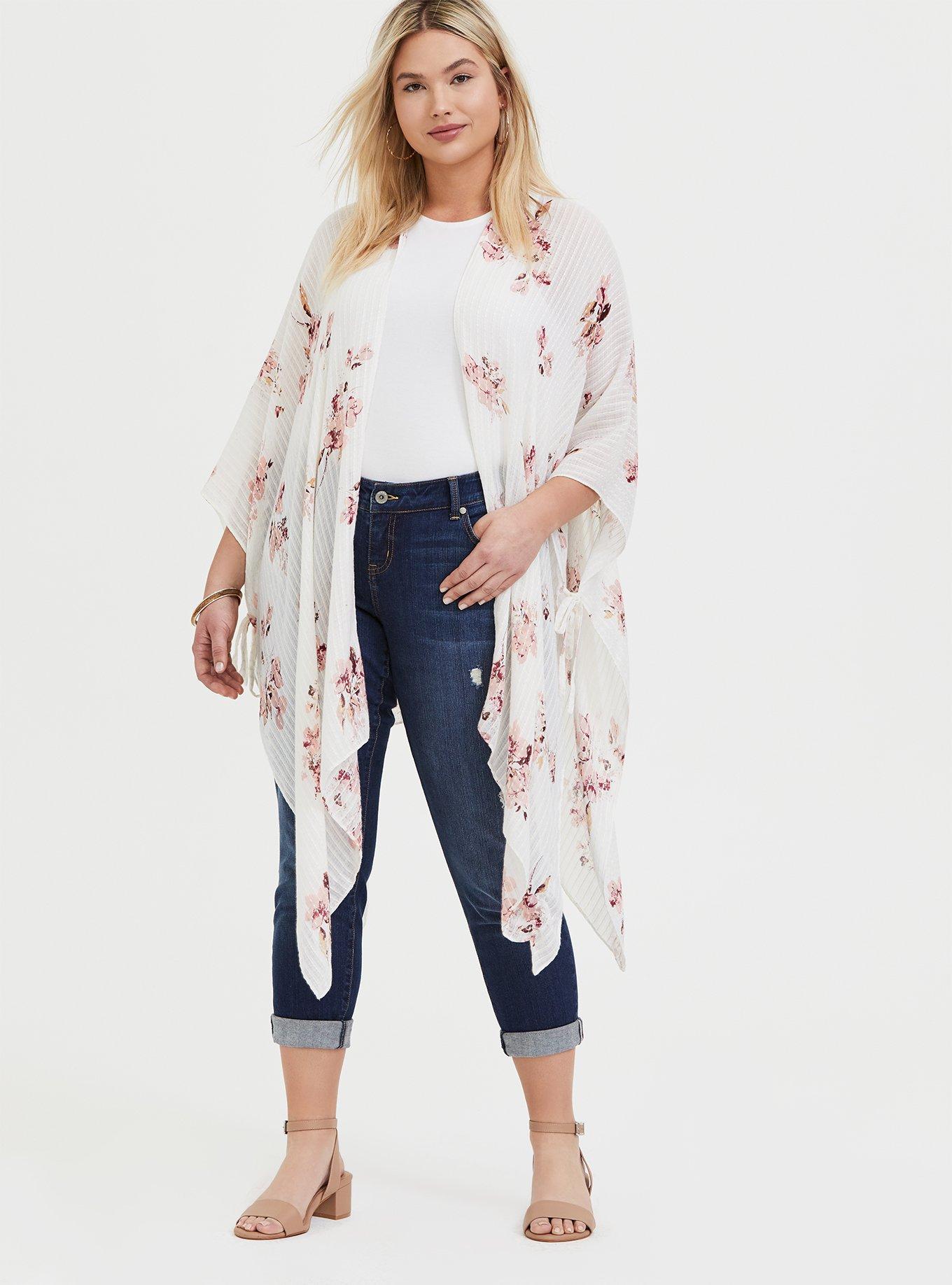Plus Size - Ivory Stitched Stripe Floral Ruana - Torrid