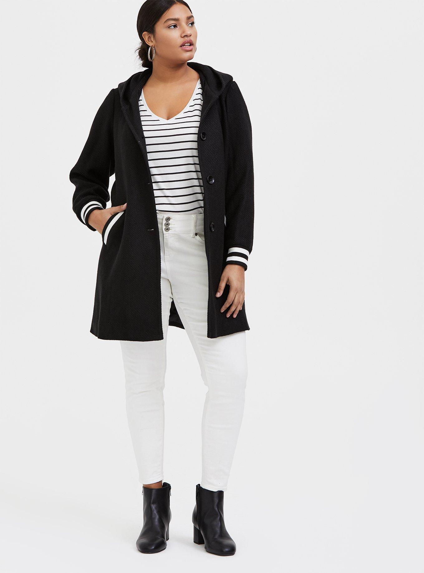 Plus Size - Black Woolen Varsity Hooded Longline Coat - Torrid