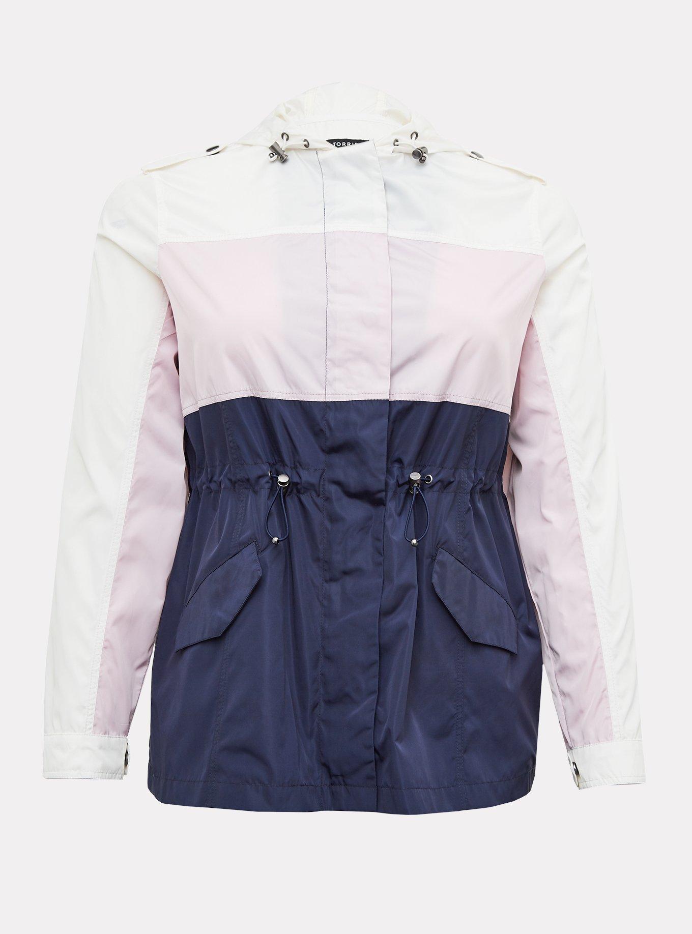 Plus Size - Navy Colorblocked Nylon Hooded Rain Jacket - Torrid