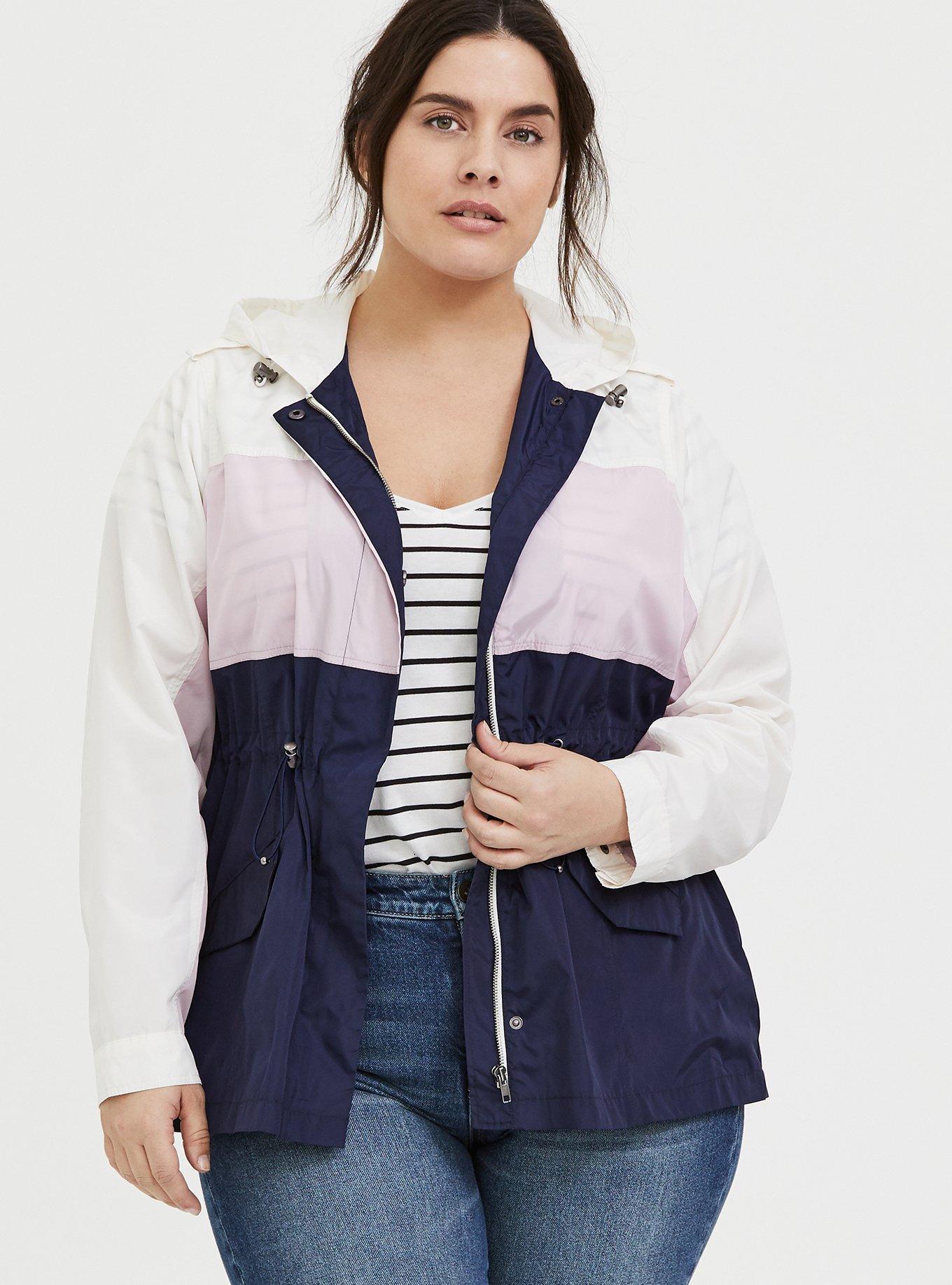 Plus Size - Navy Colorblocked Nylon Hooded Rain Jacket - Torrid