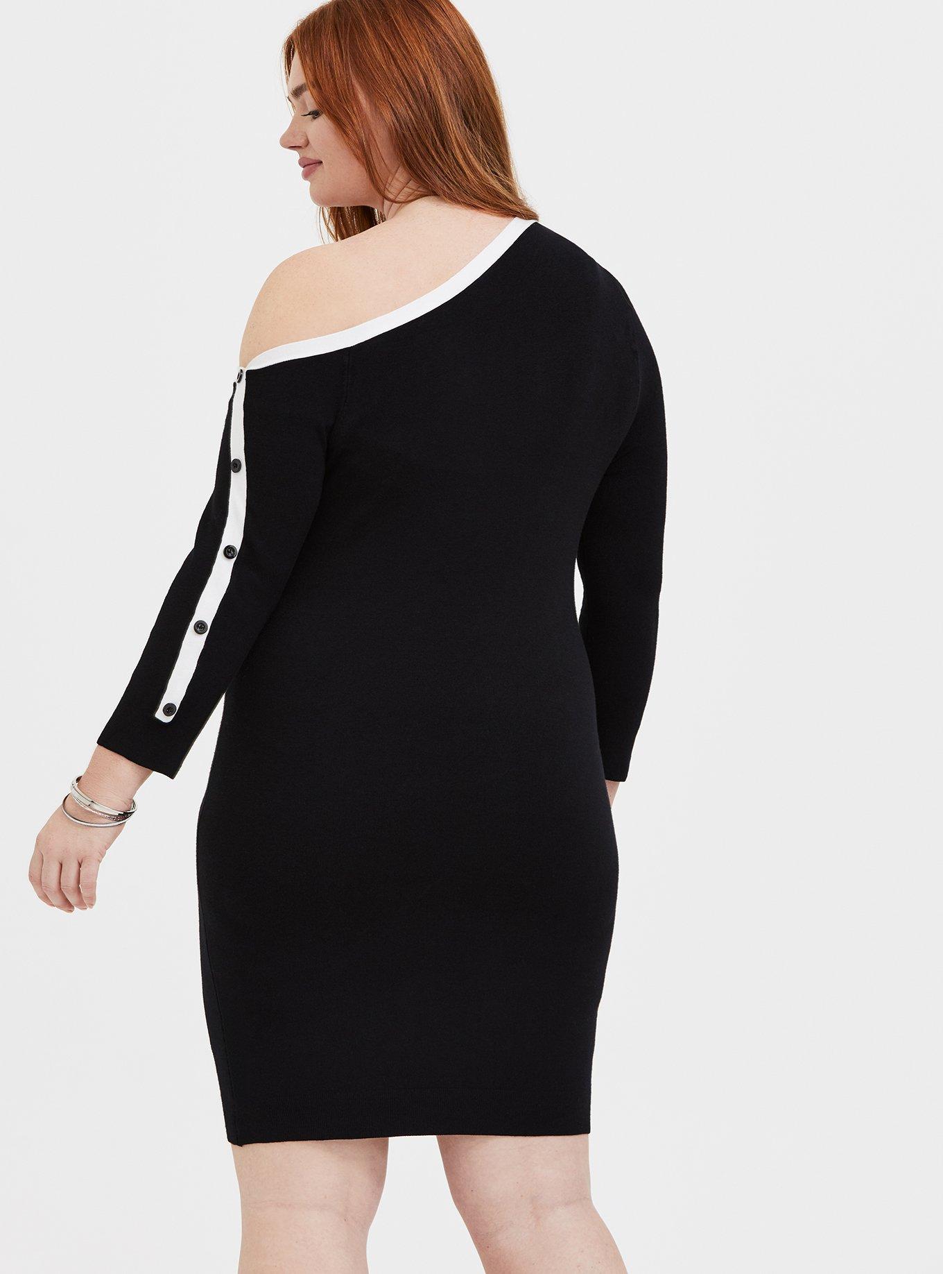 Plus Size - Black & White Off Shoulder Button Sleeve Dress - Torrid