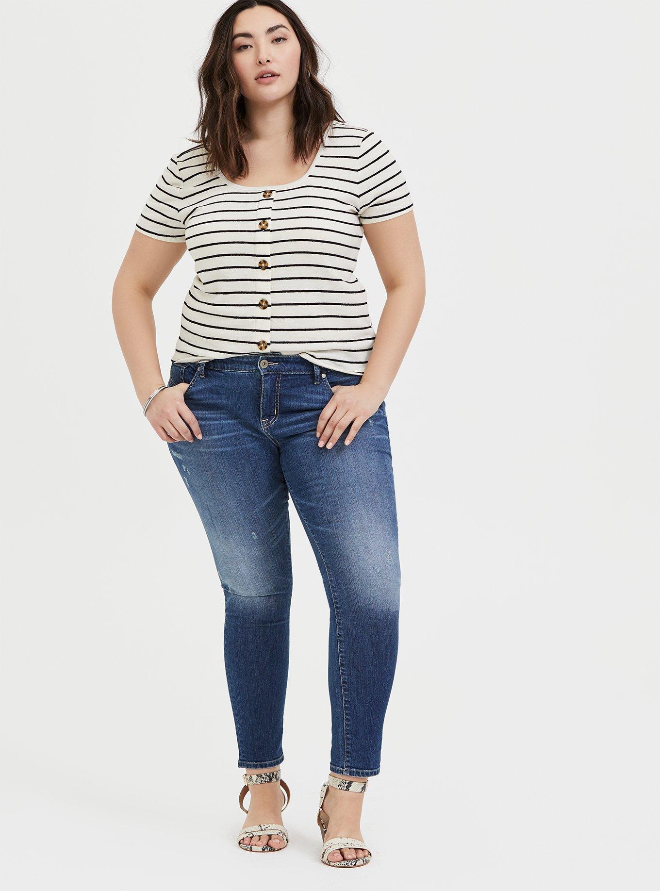 Plus Size - Ivory & Black Stripe Rib Button Midi Tee - Torrid